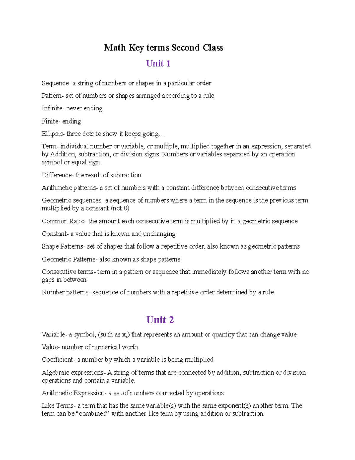 Math Key Terms II D126 Notes Math Key Terms Second Class Unit 1
