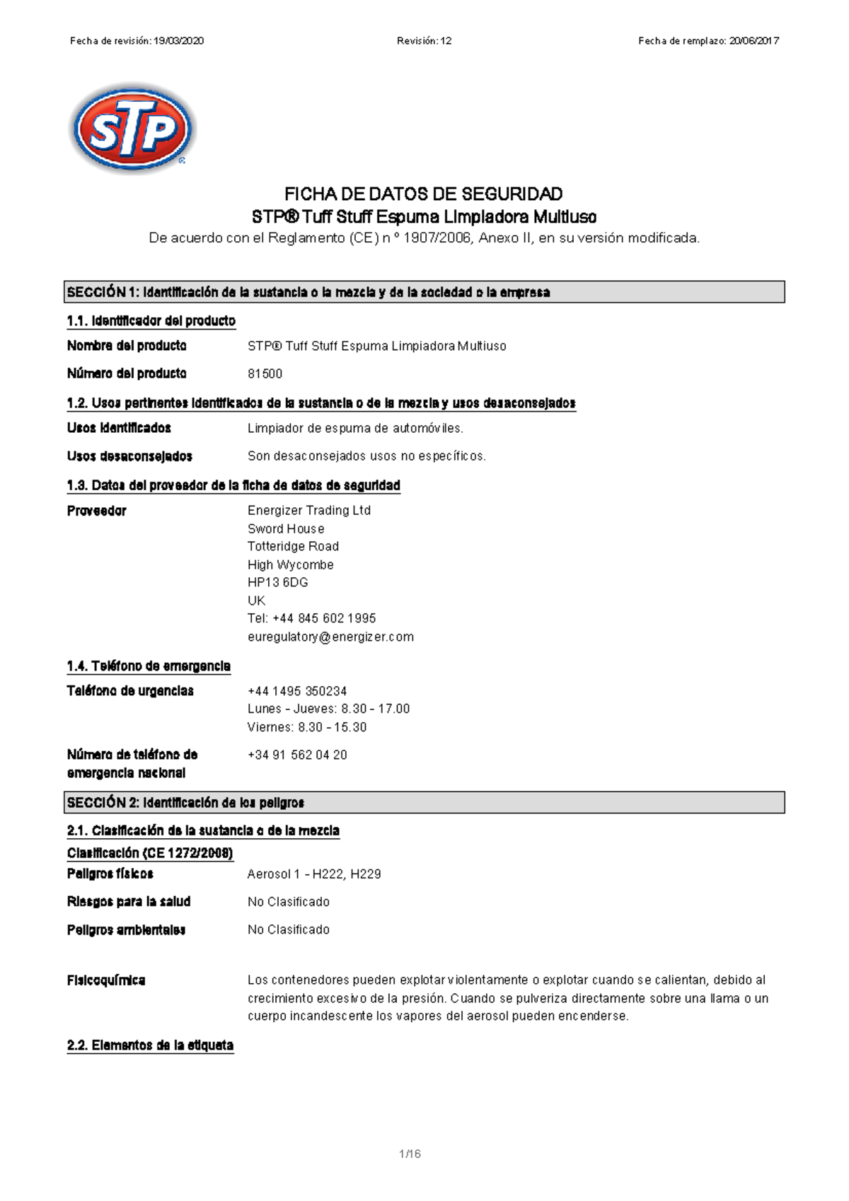 FDS STP TUFF Stuff Espuma Limpiadora Multiuso - FICHA DE DATOS DE ...