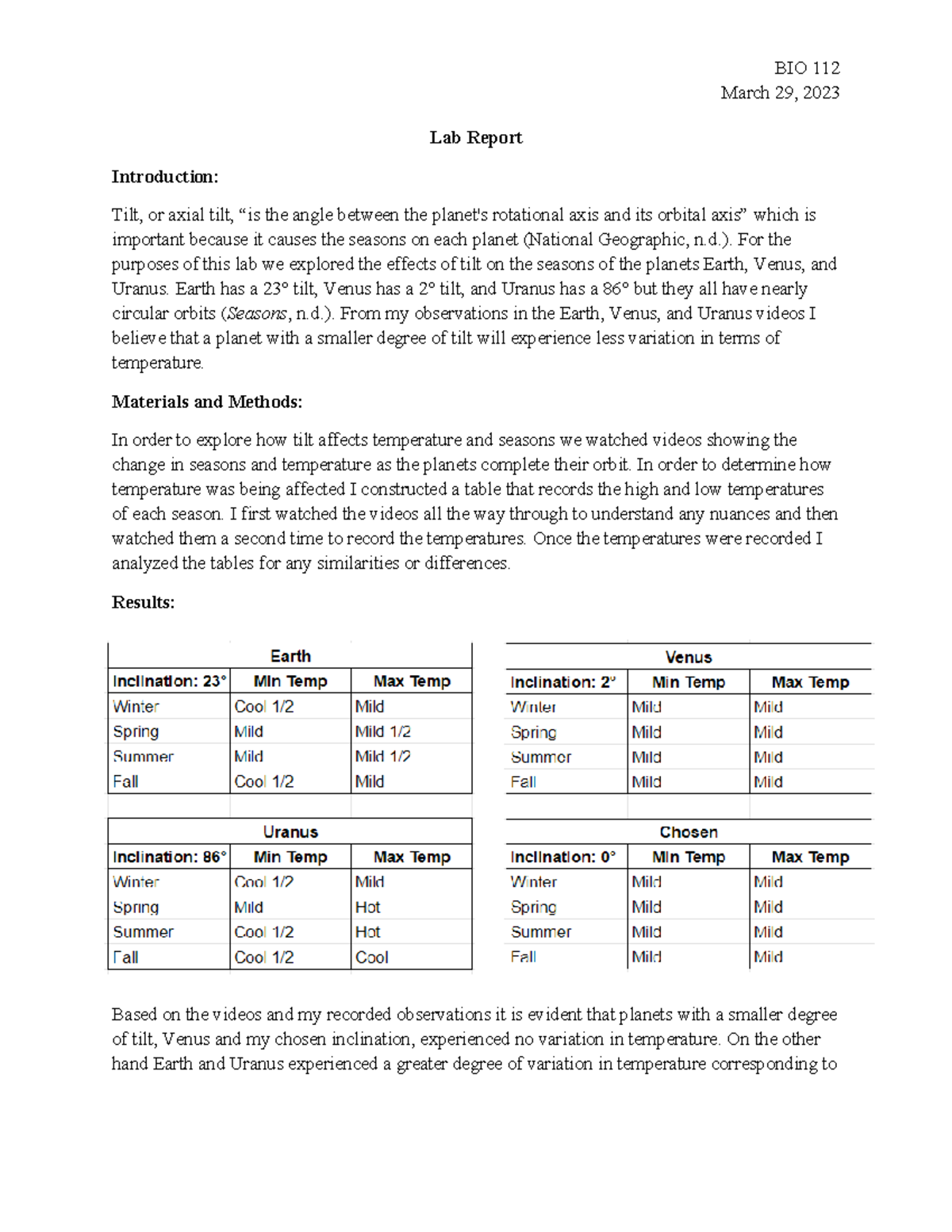 Lab Report- Seasons - BIO 112 March 29, 2023 Lab Report Introduction ...