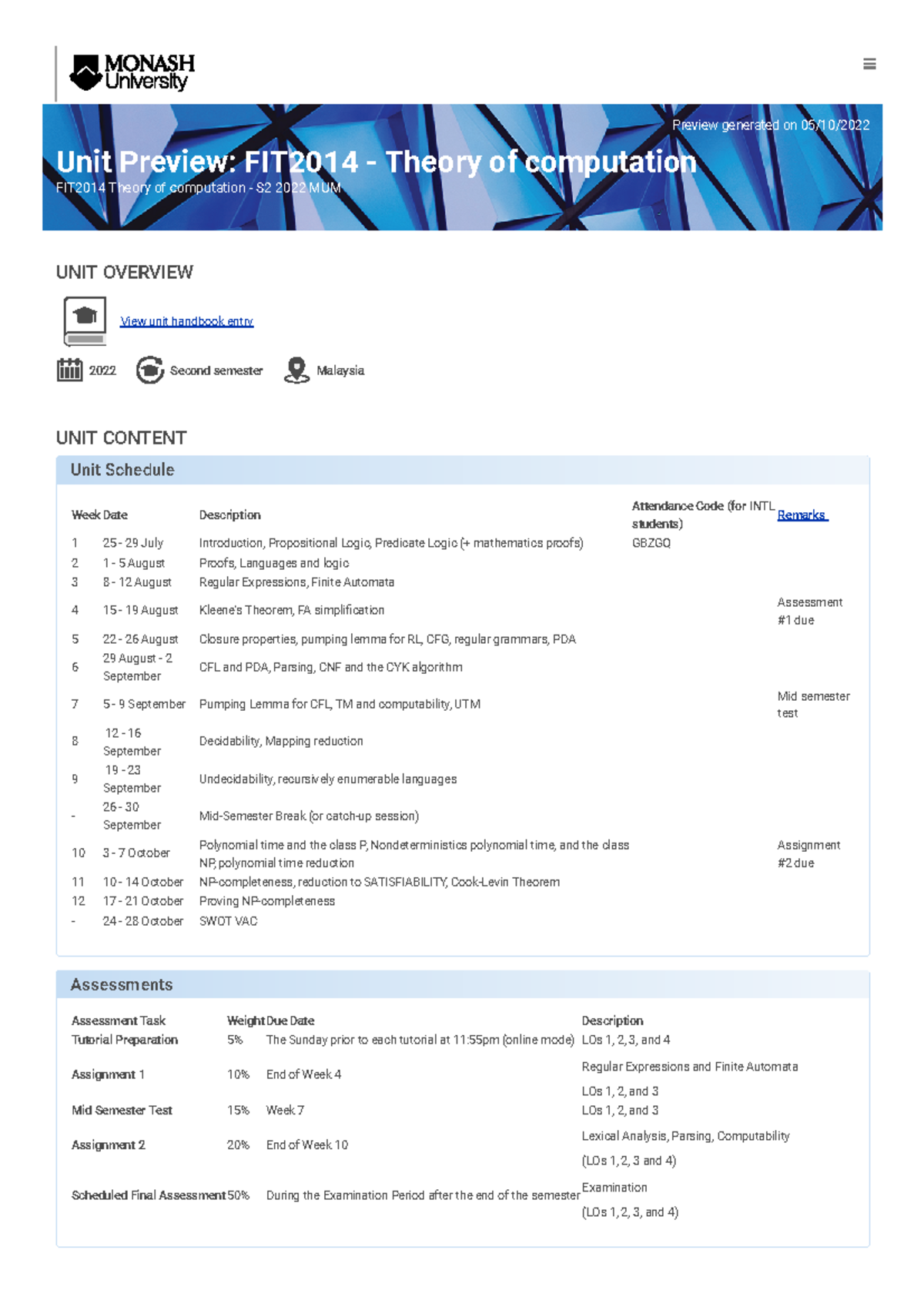 Unit Preview - Preview generated on 05/10/ Unit Preview: FIT2014 ...