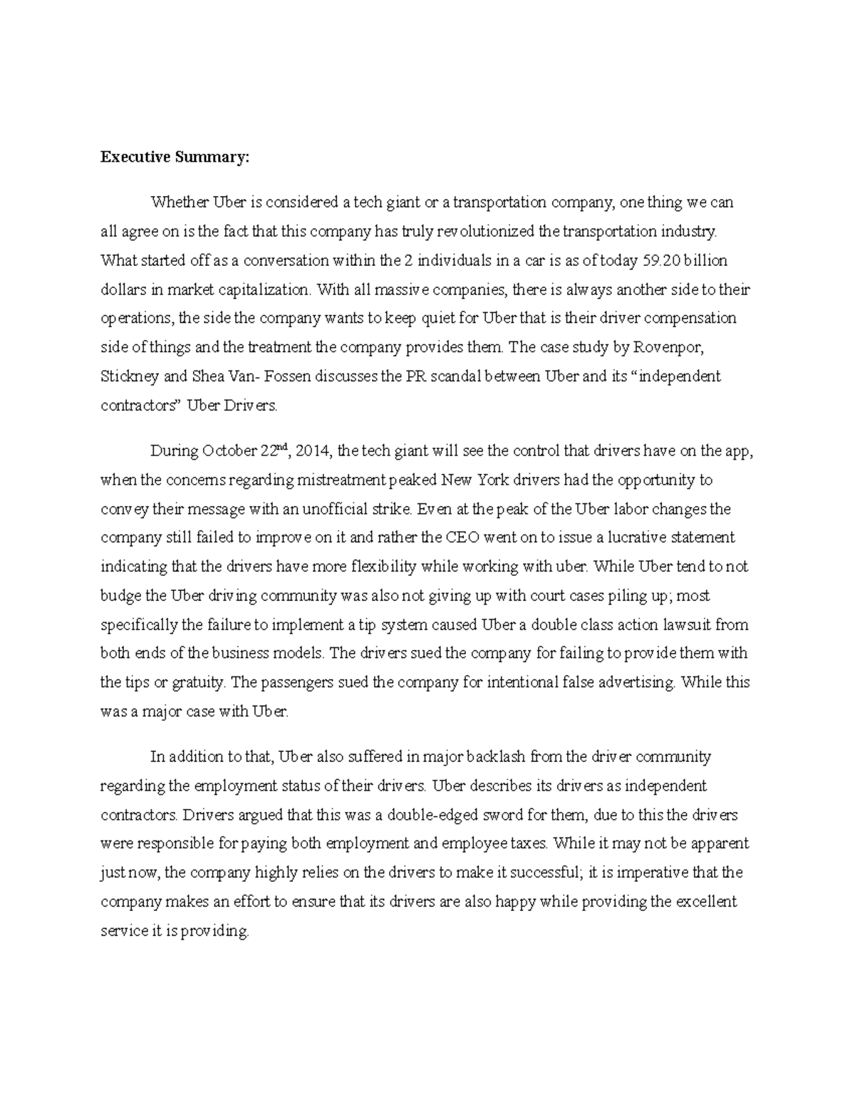 Case Study 10 - Notes - Executive Summary: Whether Uber is considered a ...