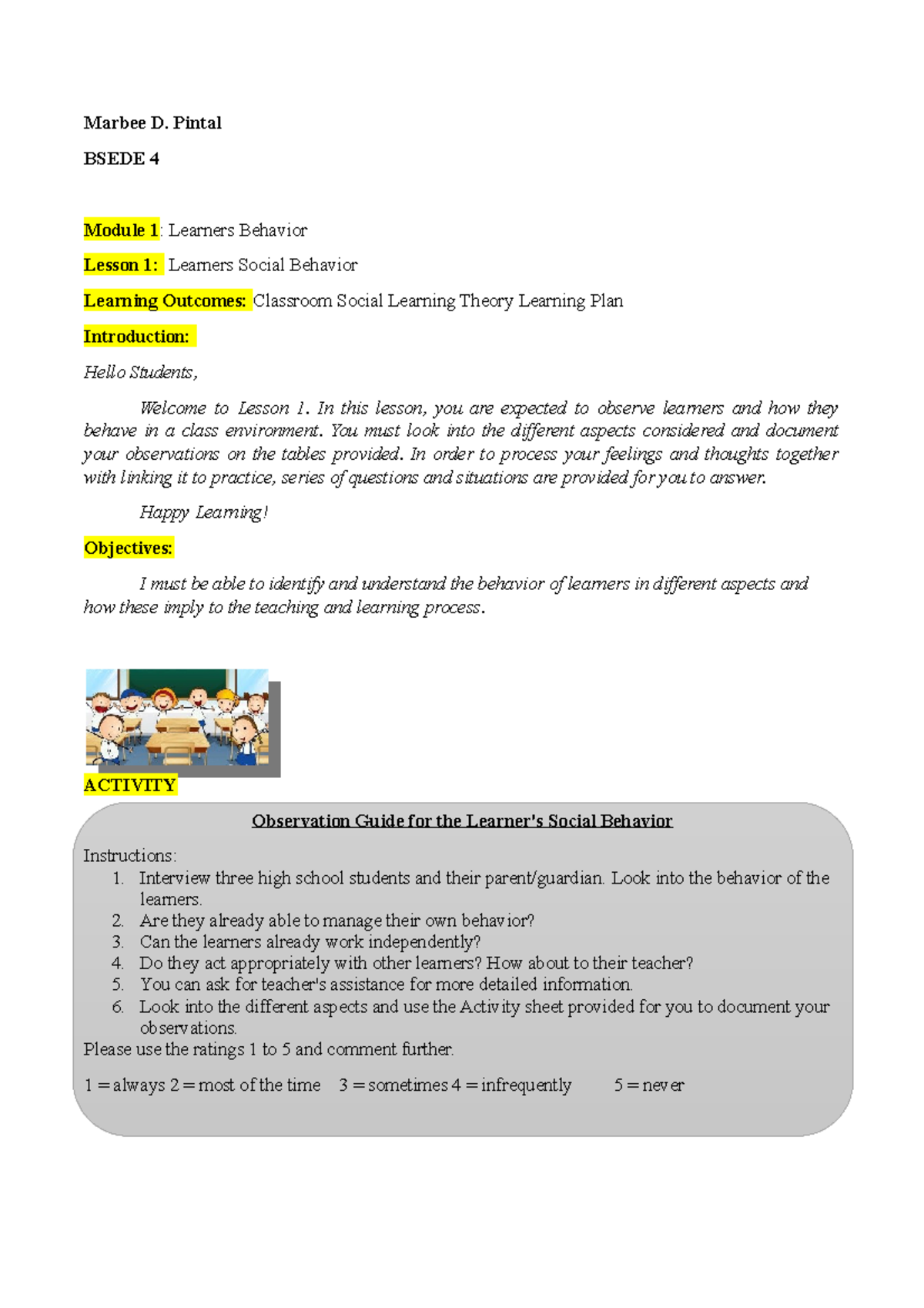 Module 1. Lesson 1 - 3ddqdklpsl - Marbee D. Pintal BSEDE 4 Module 1 ...