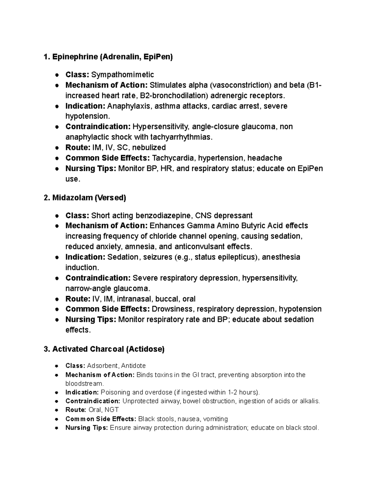 Drug study sheet - EMERGENCY DRUGS - 1. Epinephrine (Adrenalin, EpiPen) Class: Sympathomimetic ...