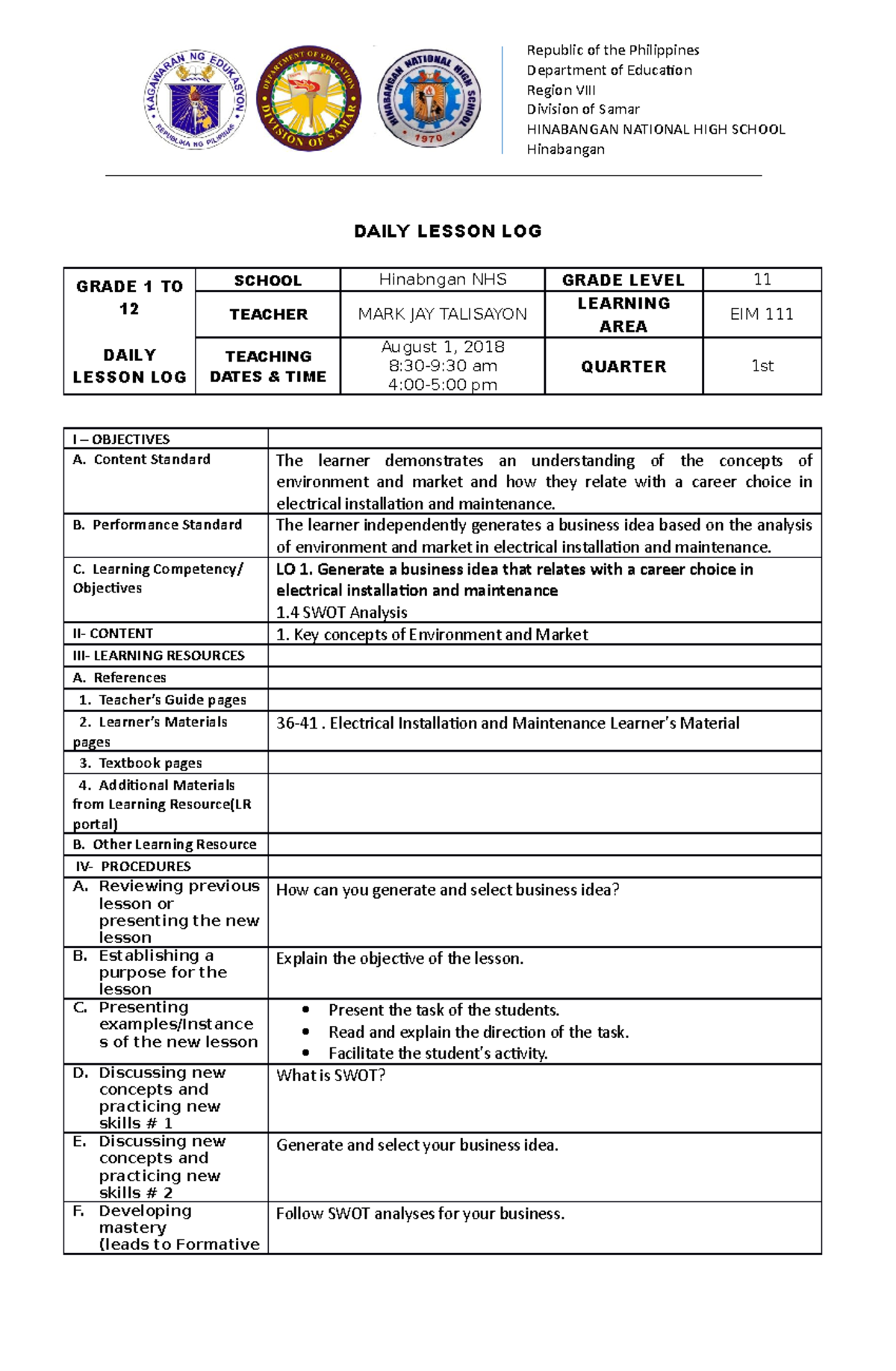 8 - daily lesson log - Republic of the Philippines Department of ...