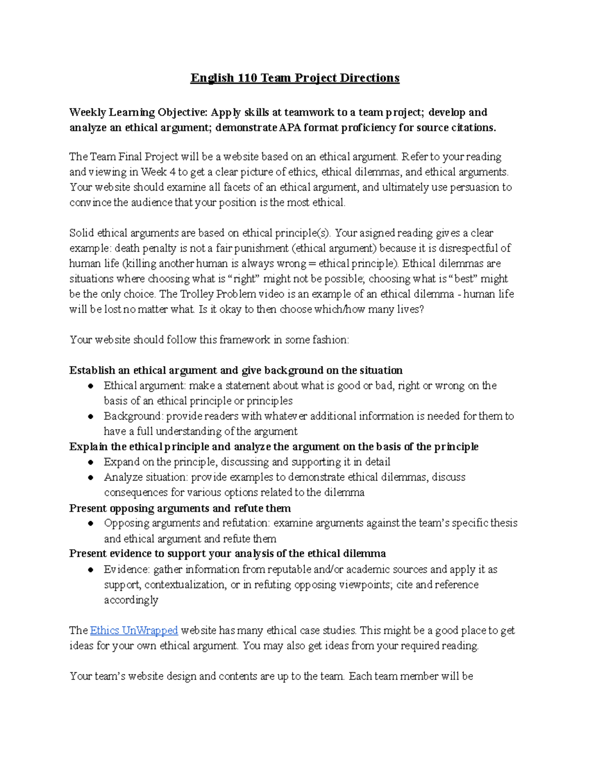 English 110 Directions and Requirements for Team Project - English 110 ...