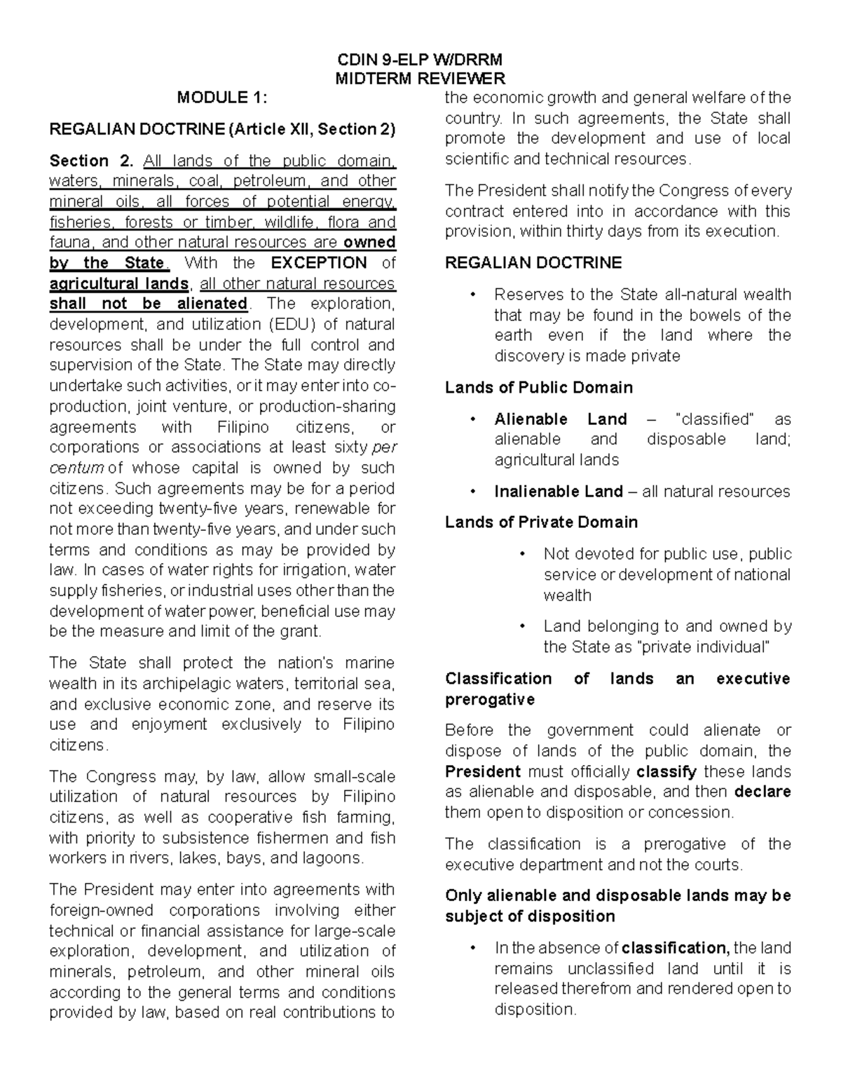 CDIN10 ELP with DRRM - Lecture - MIDTERM REVIEWER MODULE 1: REGALIAN DOCTRINE (Article XII ...