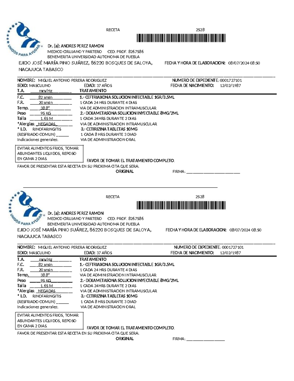 Receta Medica MIKI - RECETA 2528 Dr. (a): ANDRES PEREZ RAMON MEDICO ...