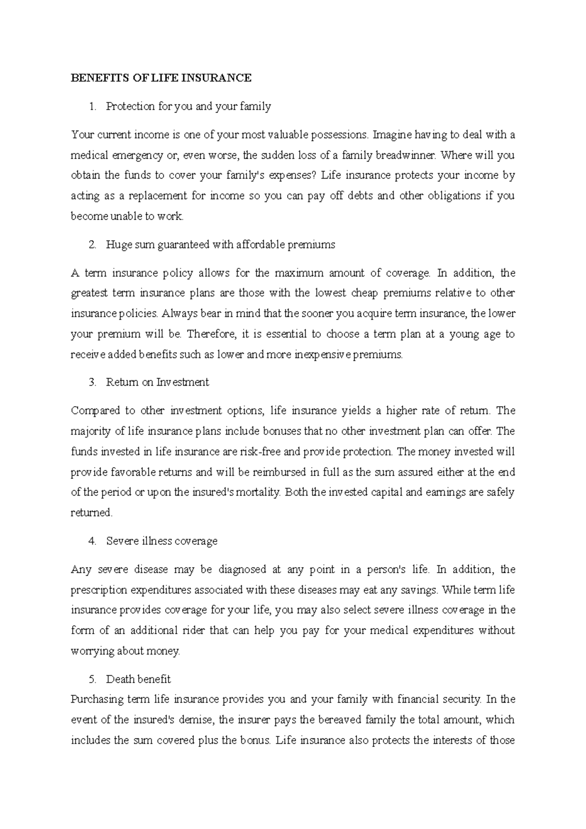 Benefits OF LIFE Insurance - BENEFITS OF LIFE INSURANCE Protection for ...