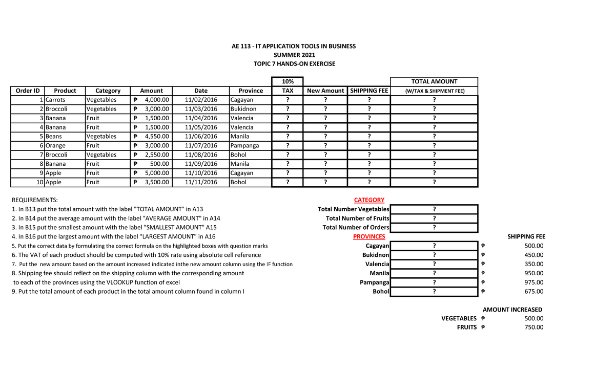 INTRO TO POL SCI - 10% TOTAL AMOUNT Order ID Product Category Amount ...