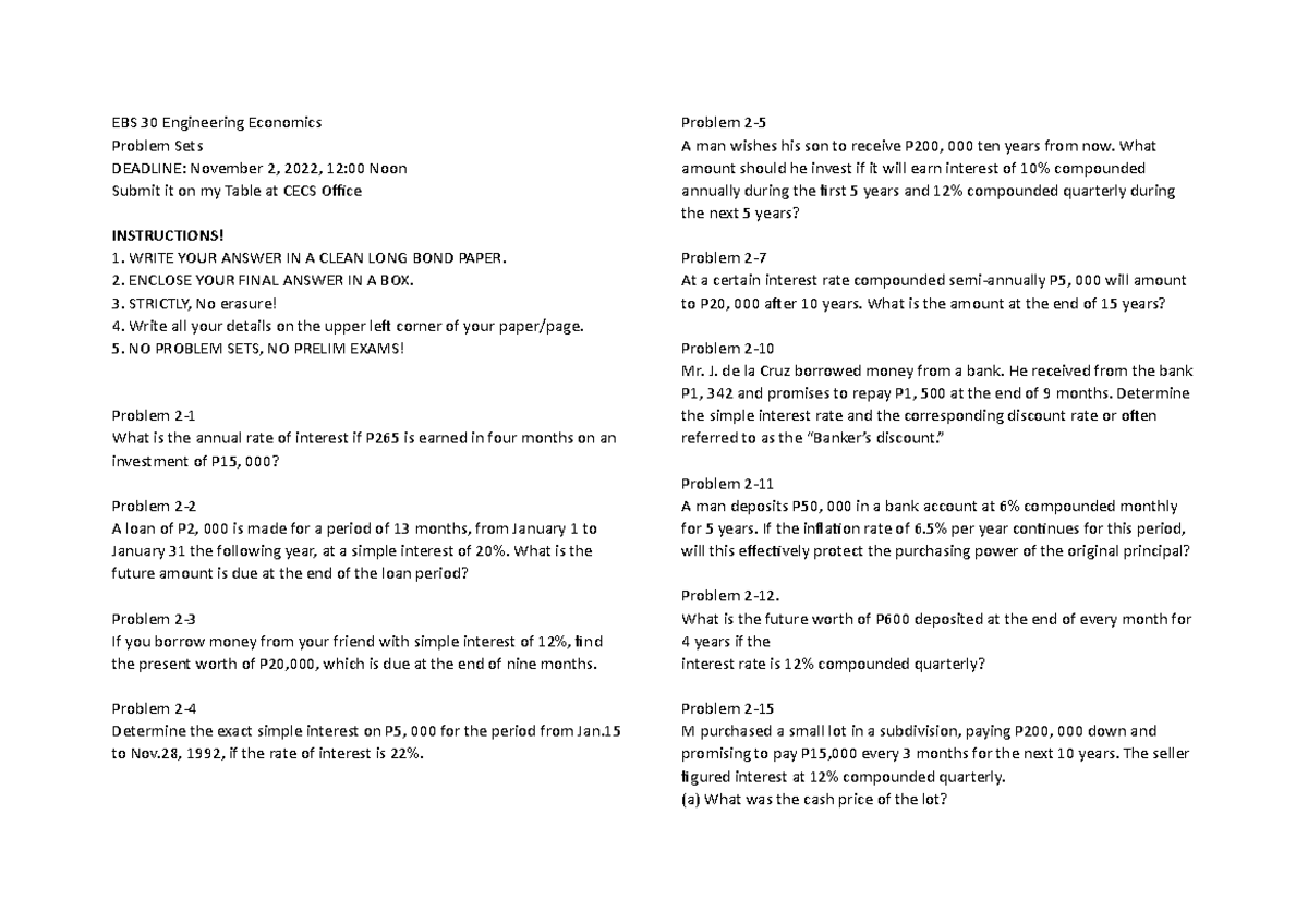 Probset EBS 30 Engineering Economics - EBS 30 Engineering Economics ...