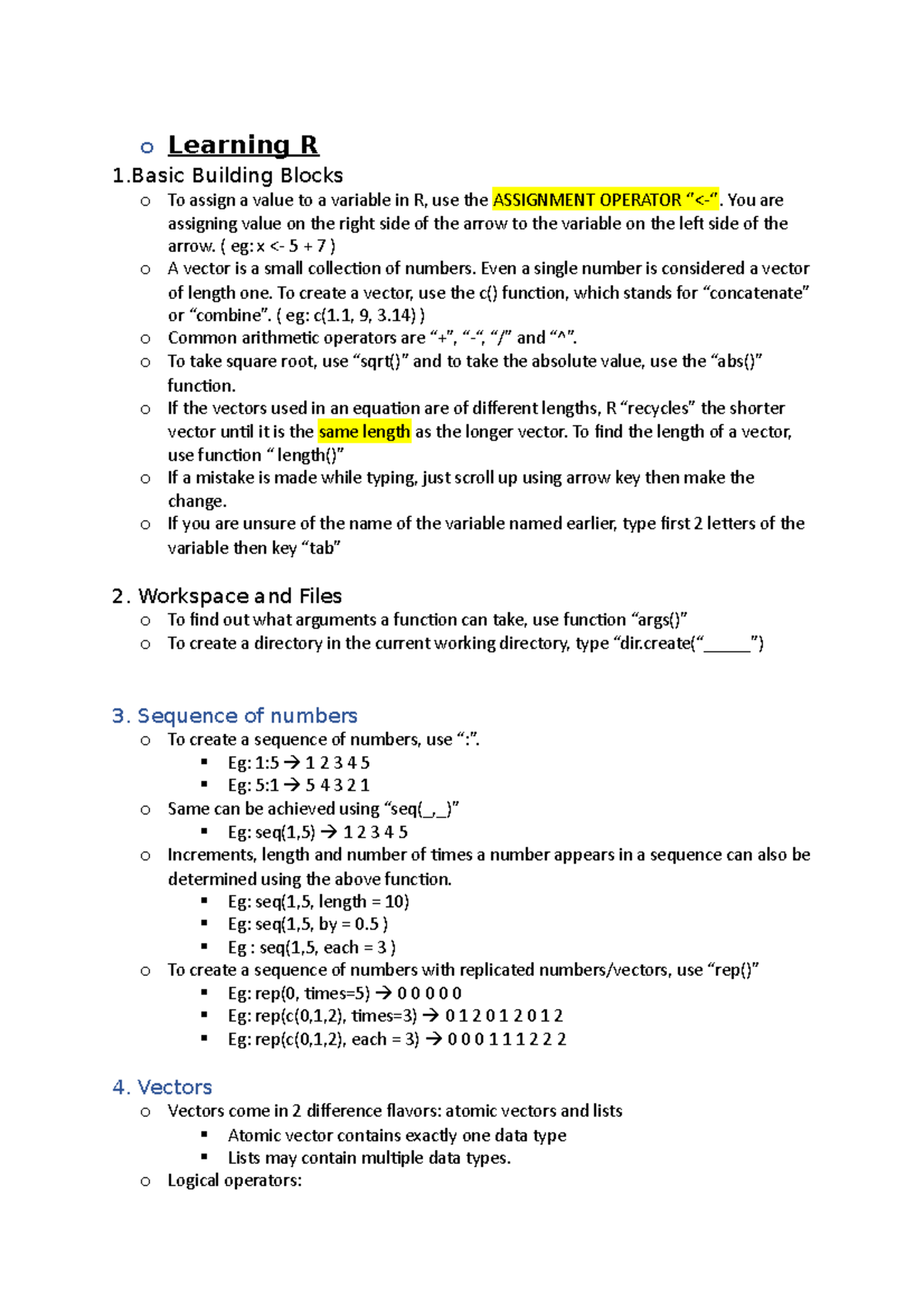 Learning R - other - o Learning R 1 Building Blocks o To assign a value ...