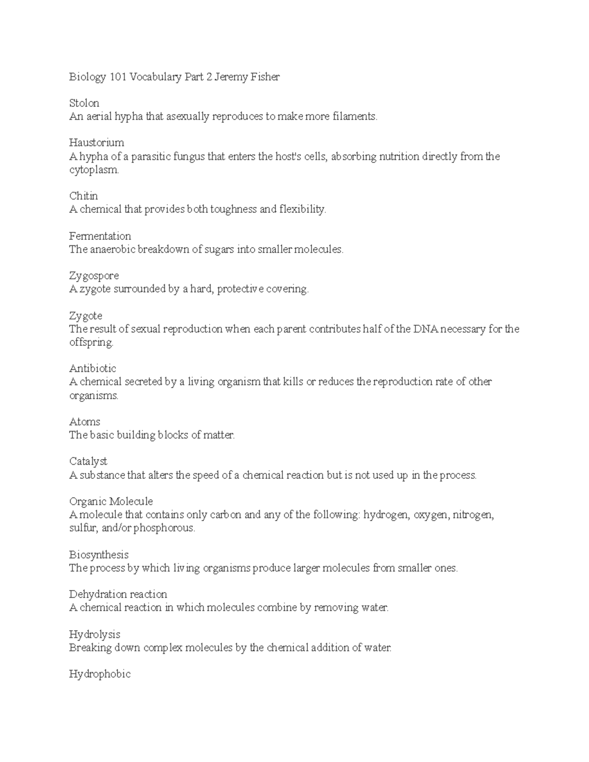 Biology 101 Vocabulary Part 2 Jeremy Fisher - Biology 101 Vocabulary ...