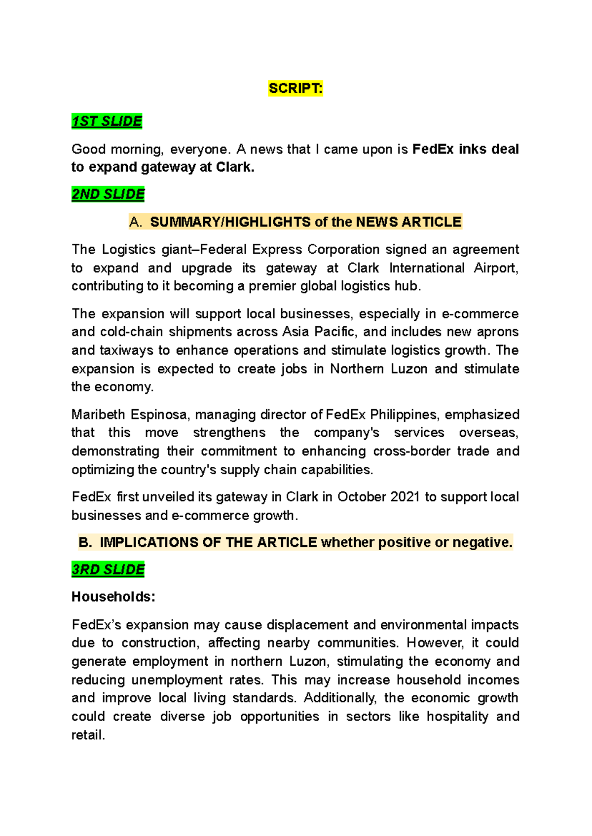 ECON Script - jsisis - SCRIPT: 1ST SLIDE Good morning, everyone. A news ...