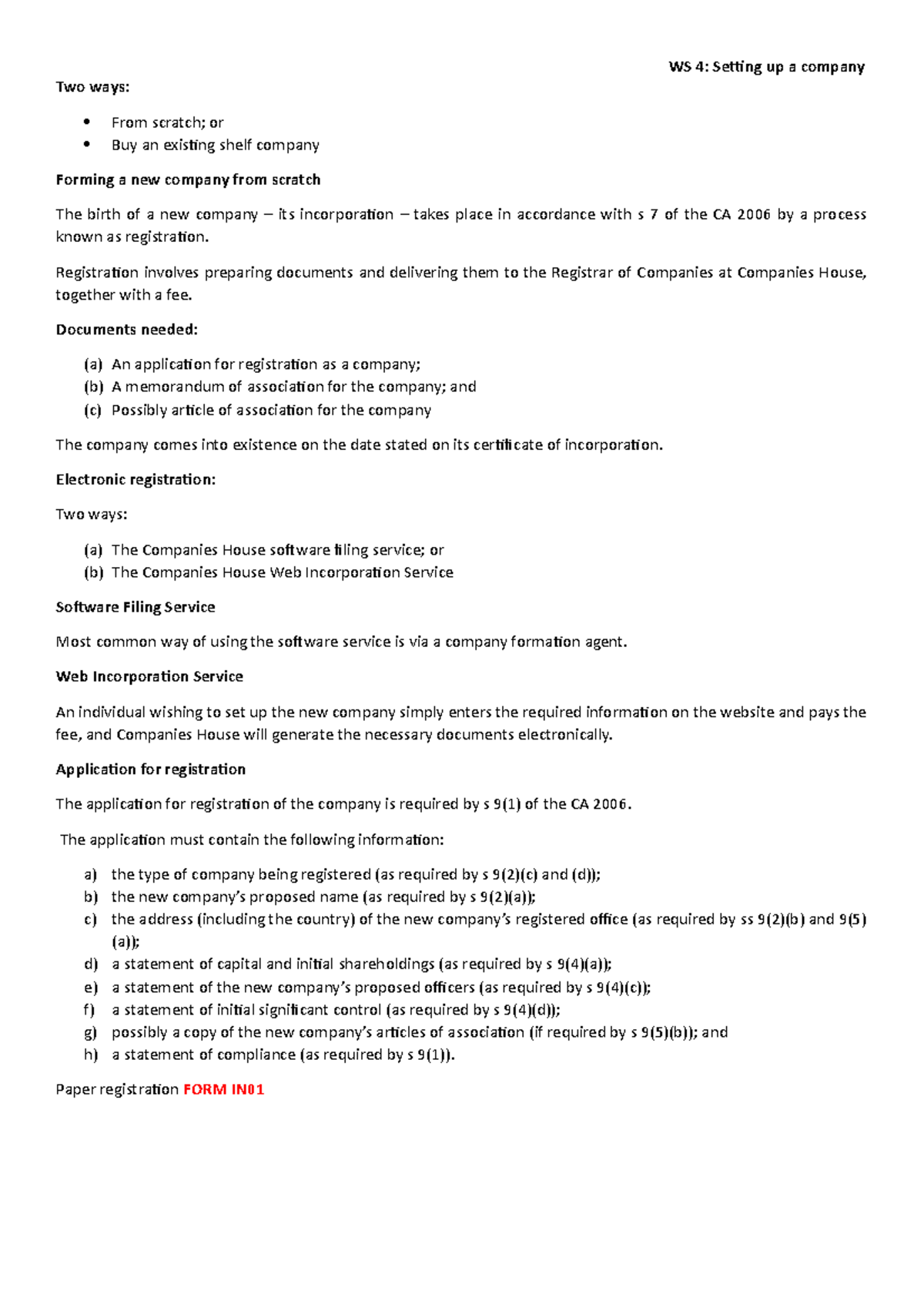 WS 4 Setting up a company notes - Two ways: From scratch; or Buy an ...