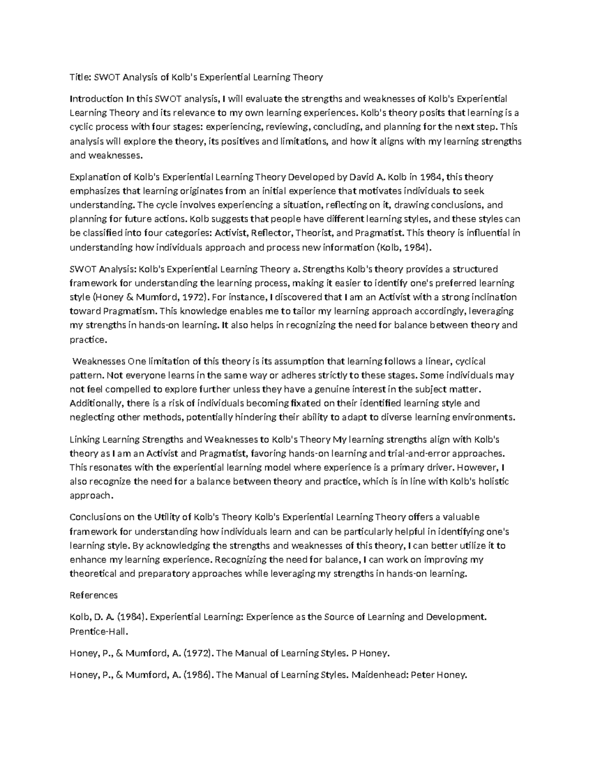 SWOT Analysis 1 - gubv - Title: SWOT Analysis of Kolb's Experiential ...