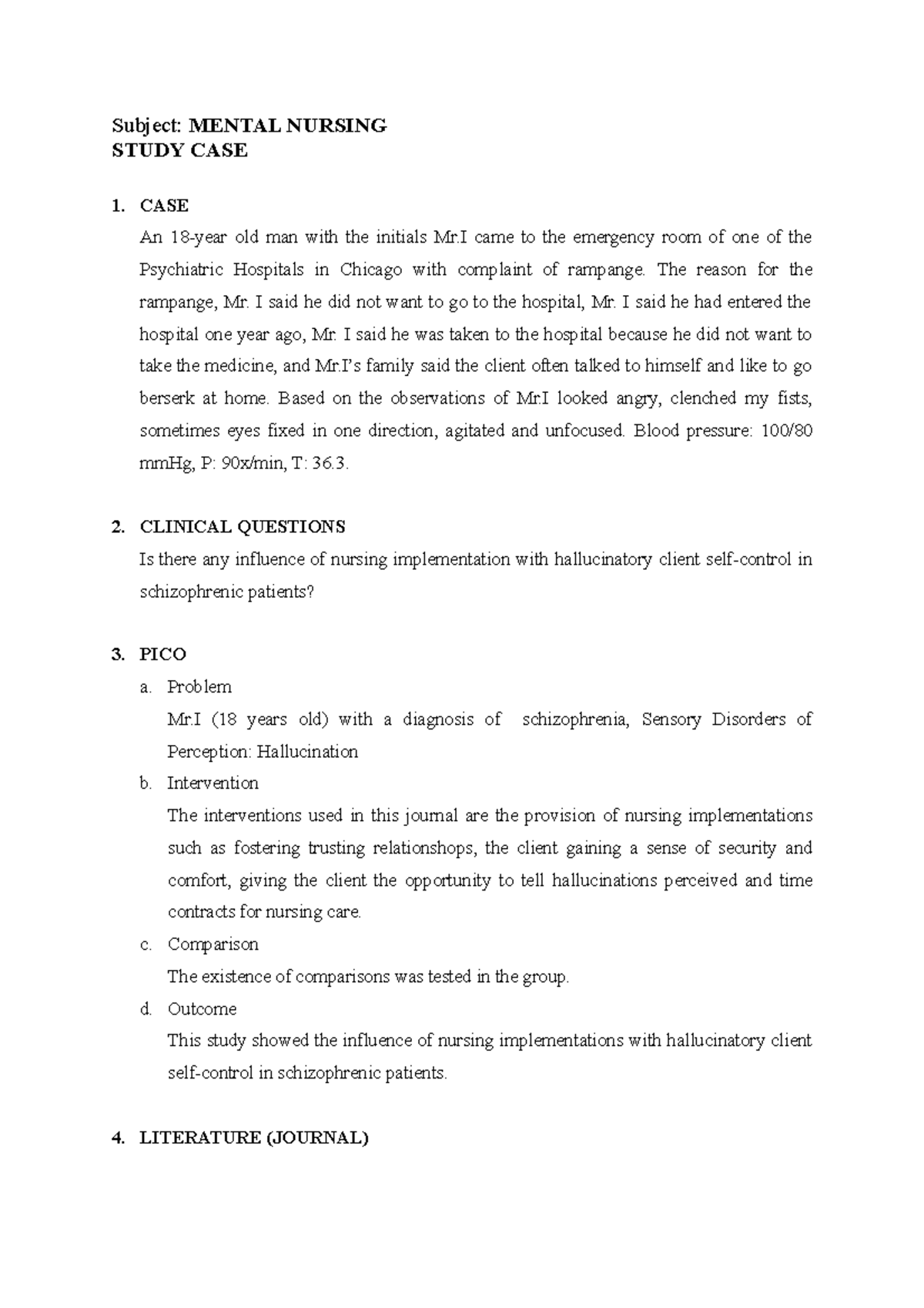 Study Case of Mental Nursing - Mandatory Assignments - Subject: MENTAL ...