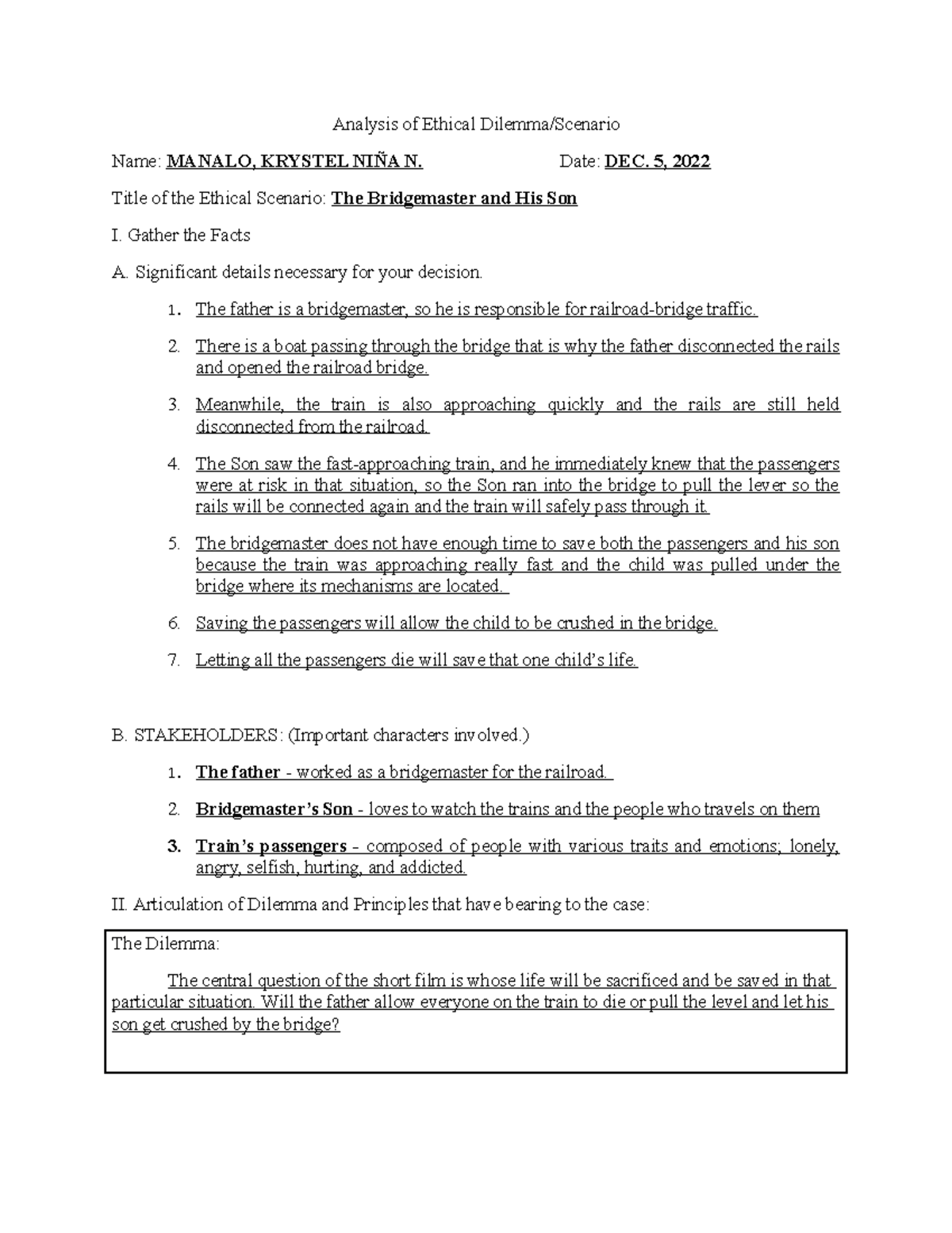 GW#2 Analysis of Ethical Dilemma Scenario - Niña - Analysis of Ethical ...