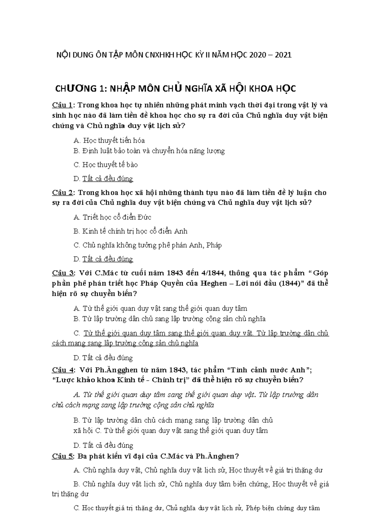 Cau hoi trac nghiem Chu nghia xa hoi - N ỘI DUNG ÔN T ẬP MÔN CNXHKH H ỌC KỲ II NĂM H ỌC 2020 ...