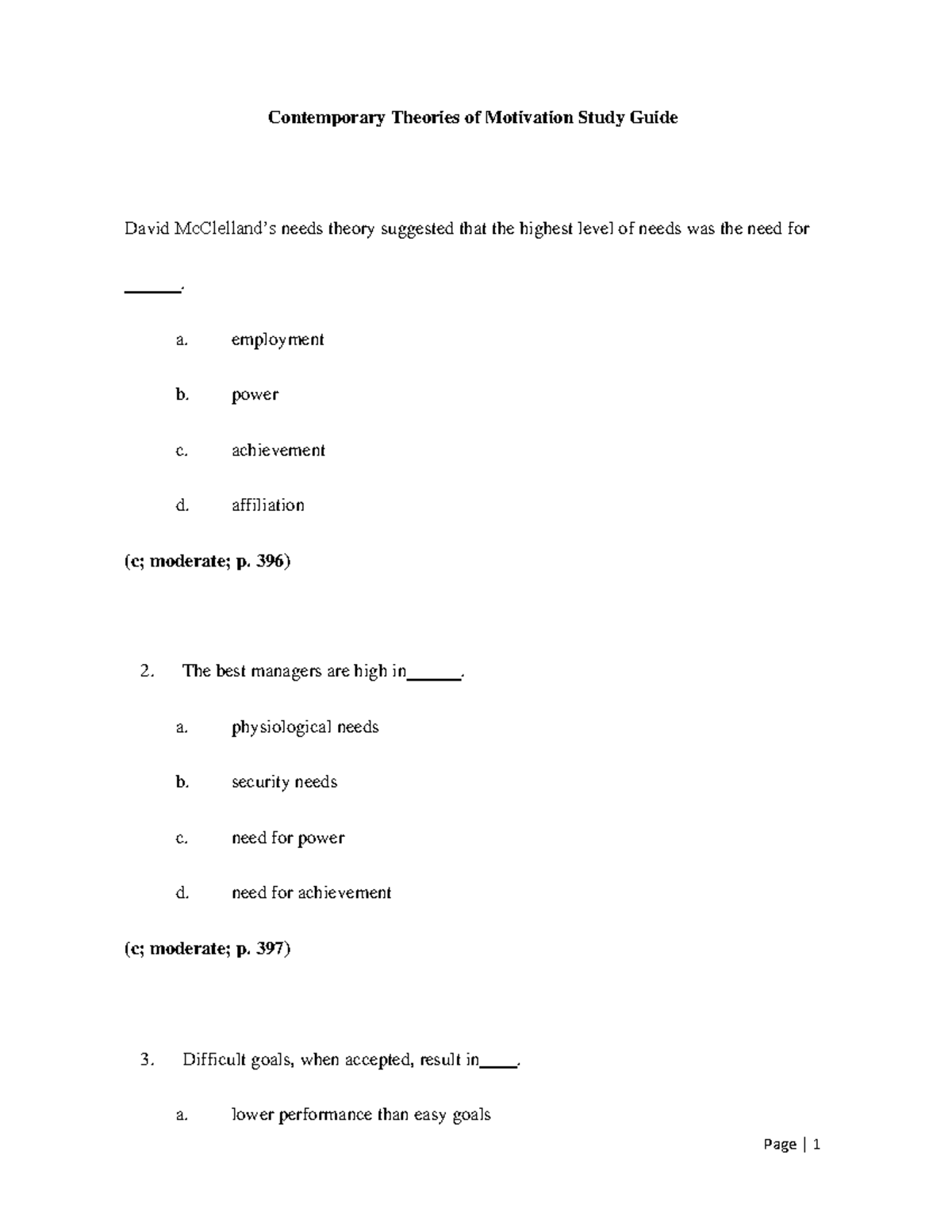Contemporary Theories of Motivation Study Guide - a. employment b ...