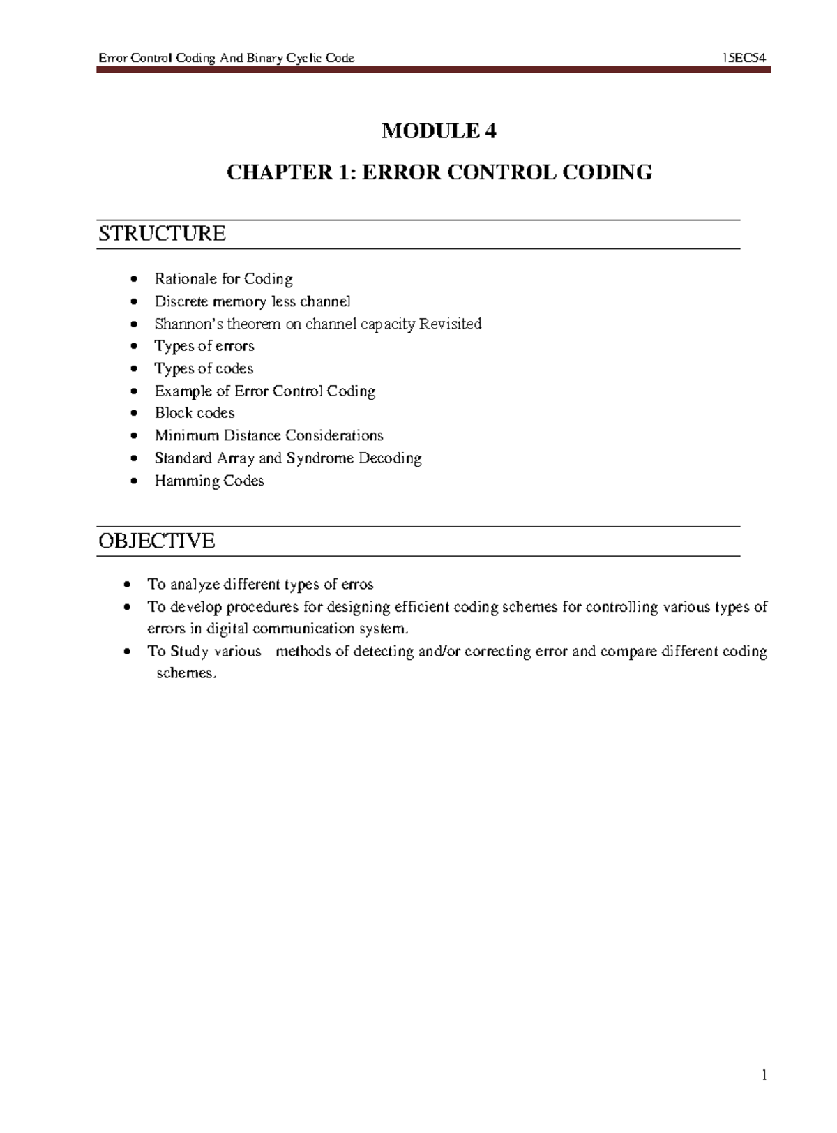 ITC Mod4@Az Documents - . . . - MODULE 4 CHAPTER 1: ERROR CONTROL CODING STRUCTURE Rationale ...