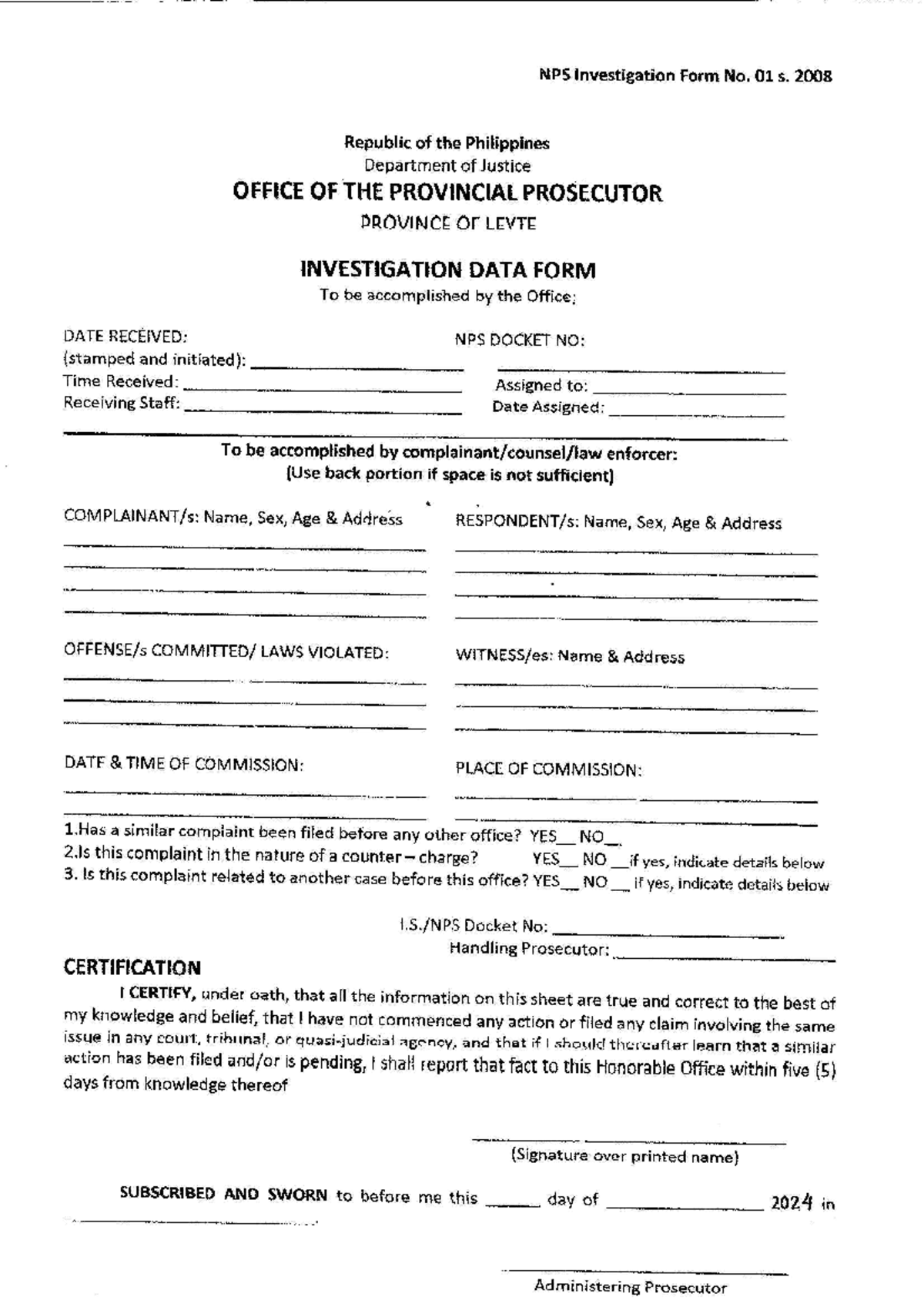 Case Investigation Data Form - NPS Investigation Form No. 01 s. 2008 ...