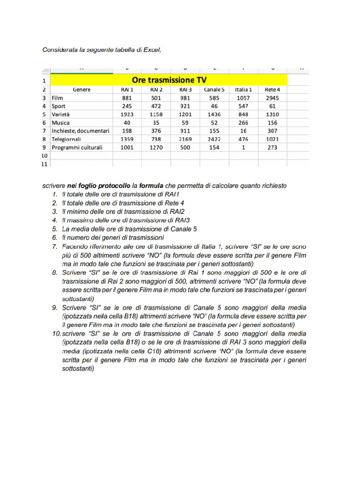 Esercizi excel svolti - Elementi di Informatica - Risposte Risposte ...