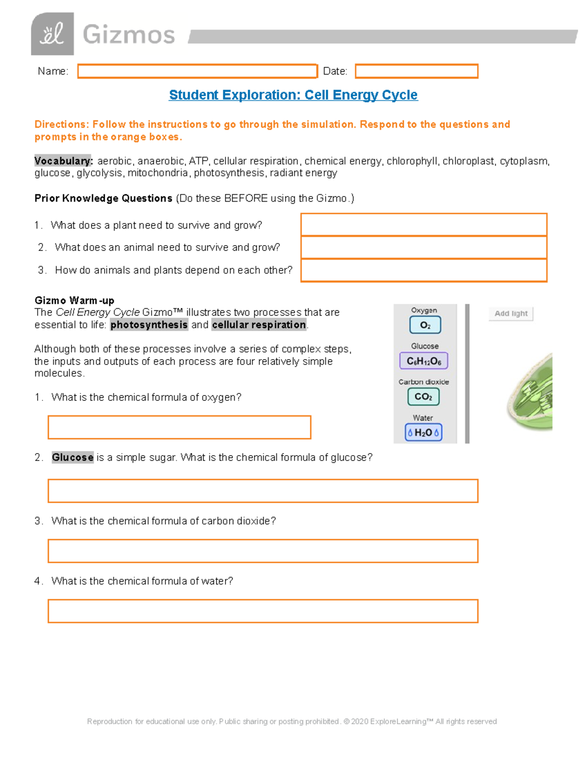 Cell Energy Student Engagement Guide - Name: Date: Student Exploration ...