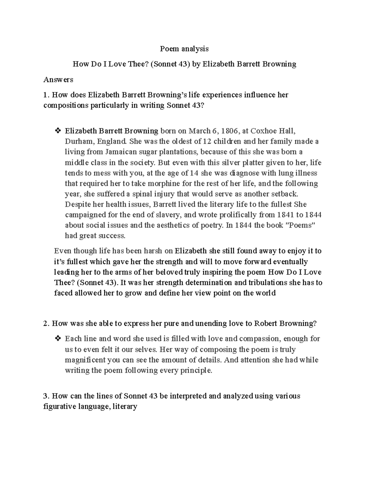 Poem analysis - for literature - Poem analysis How Do I Love Thee ...