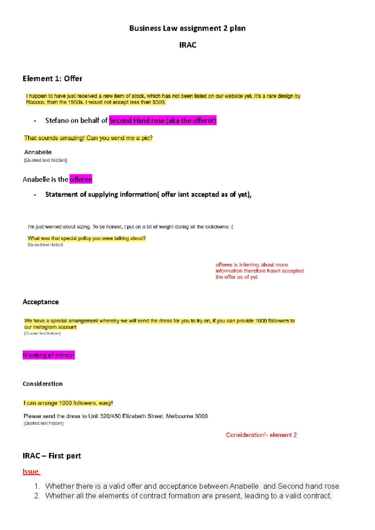 Business Law assignment 2 plan - Rules Intention to create legal ...