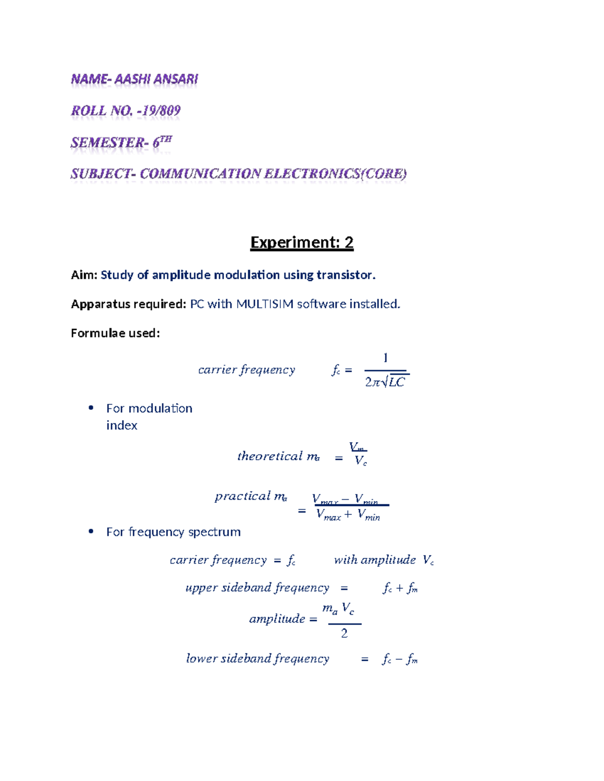 2-AM using transistor - Experiment: 2 Aim: Study of amplitude ...