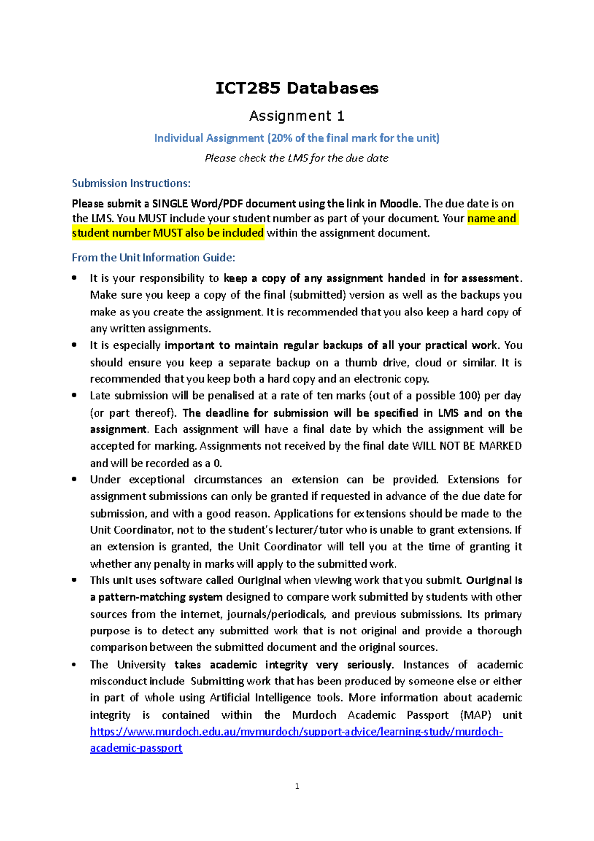 ICT285 Assignment 1 - ICT285 Databases Assignment 1 Individual Assignment (20% of the final mark ...