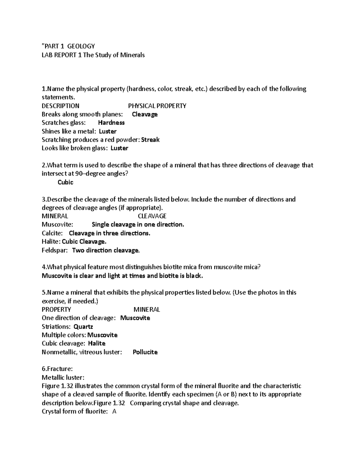 GEO LAB 1 - Lab repoert - "PART 1 GEOLOGY LAB REPORT 1 The Study of ...