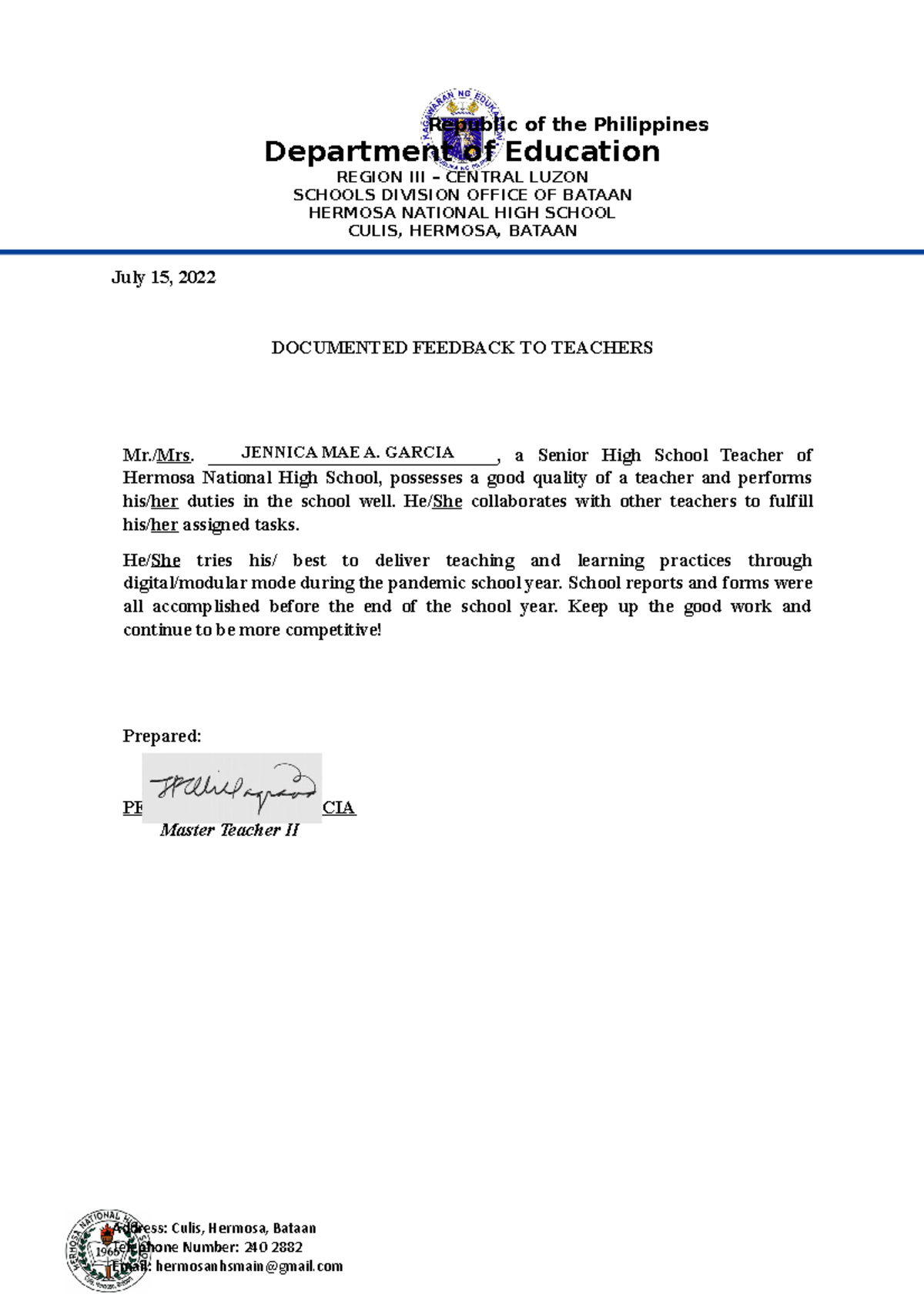 Feedbackassessment-TO- Teacher - Republic of the Philippines Department ...