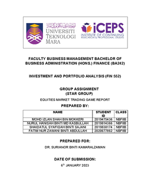 FIN552_INDIVIDUAL ASSIGNEMENT - FACULTY BUSINESS MANAGEMENT BACHELOR OF ...