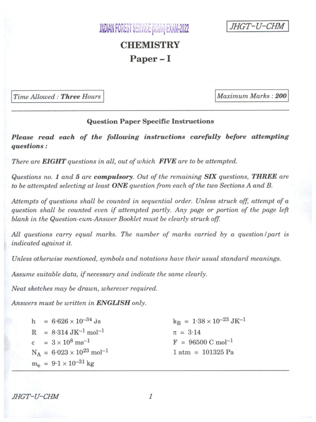 QP IFSM 22 281122 Chemistry Paper I - BSc Chemistry - Studocu