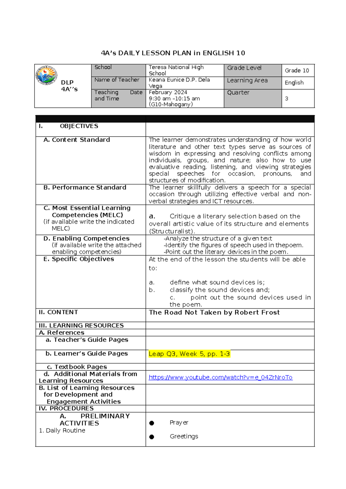 Final LP Formalism PART 2 Keana DELA VEGA - 4A’s DAILY LESSON PLAN in ...