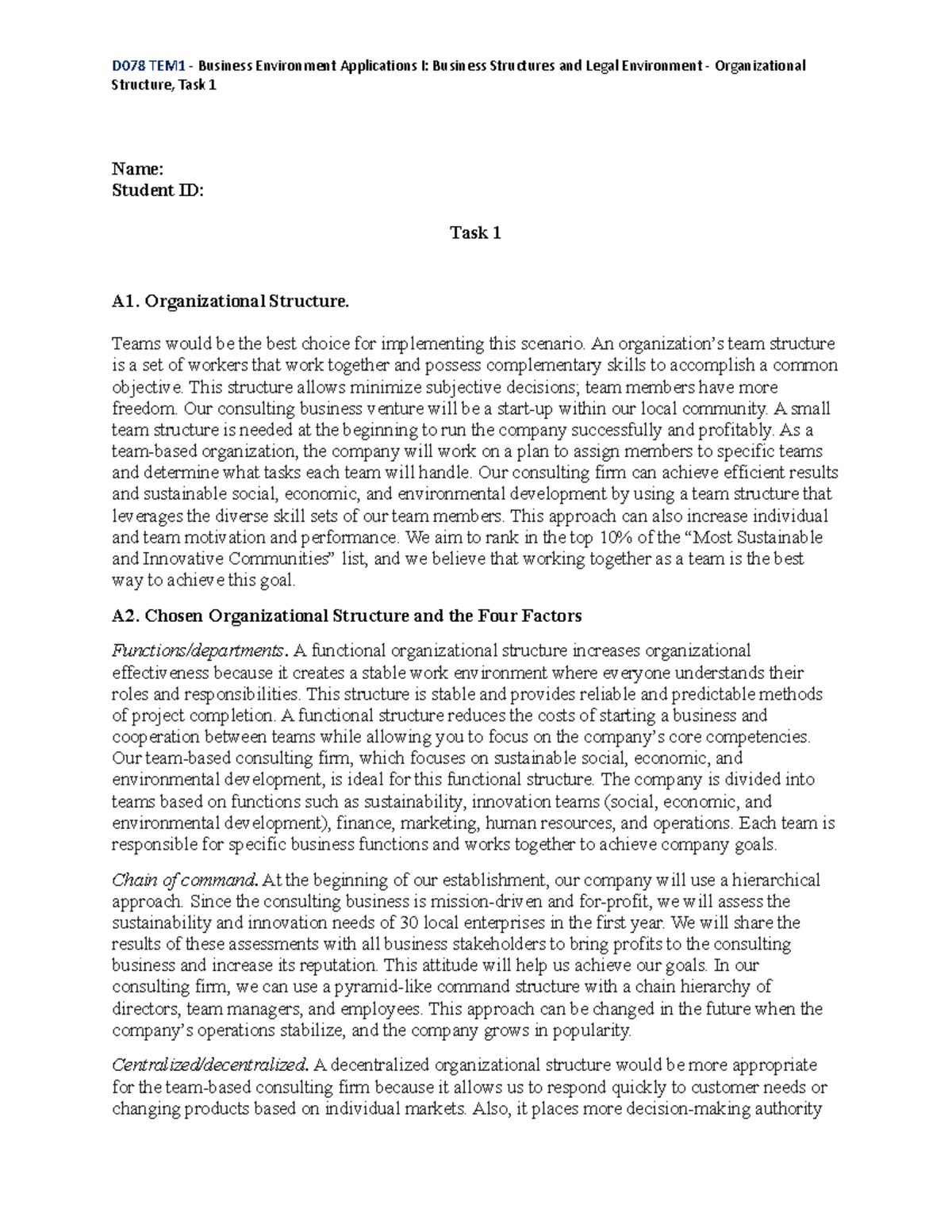 D078 Task 1 - Passed - D078 TEM1 - Business Environment Applications I: Business Structures and ...