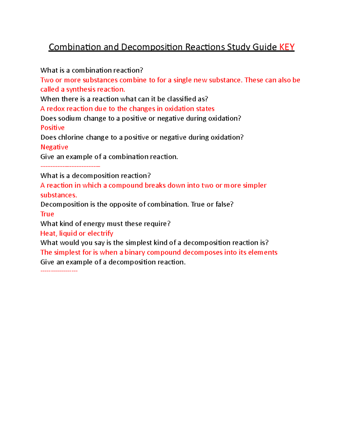 Combination and Decomposition Reactions Study Guide KEY - These can ...