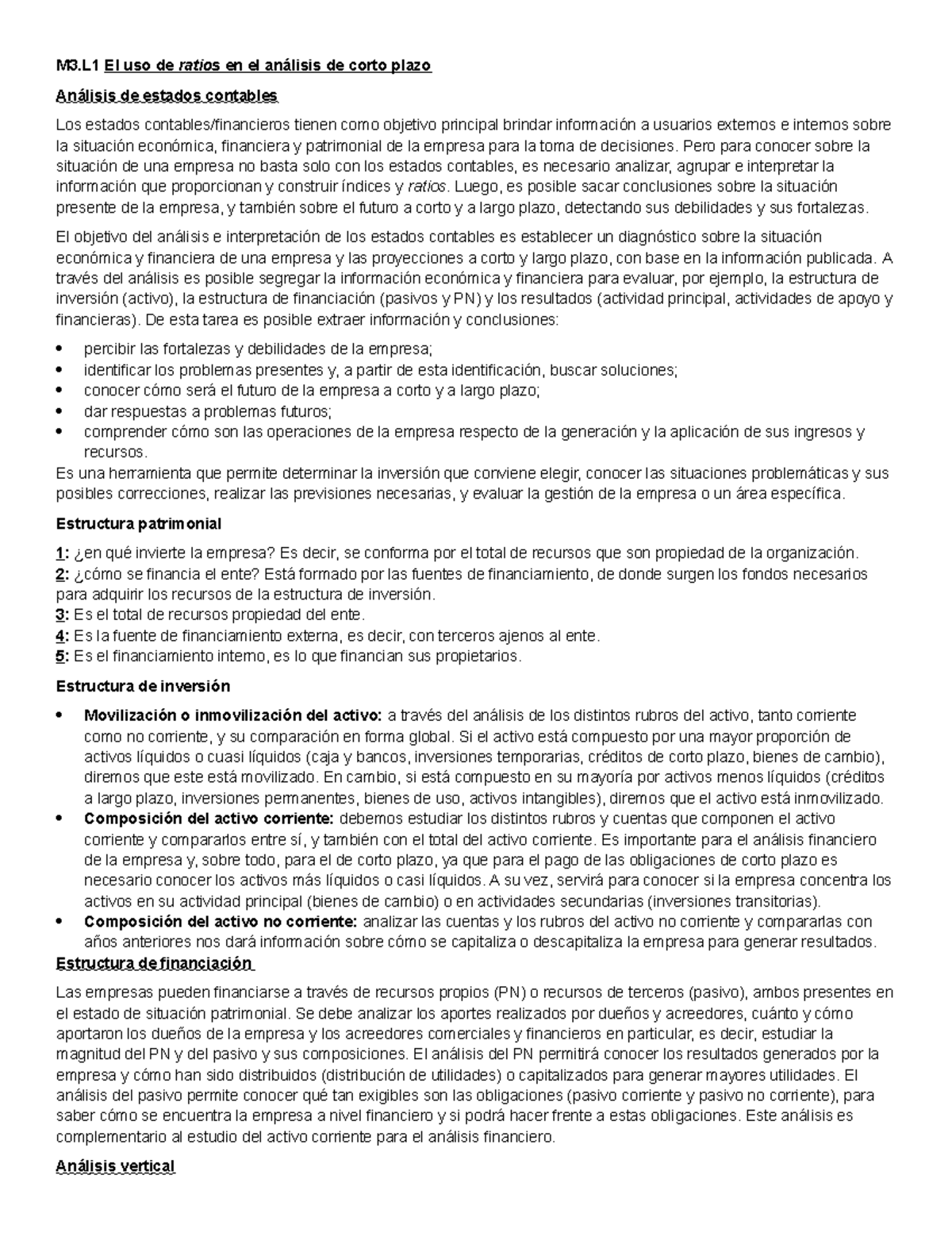 Contabilidad basica y de gestion M3 - M3 El uso de ratios en el análisis de corto plazo Análisis ...