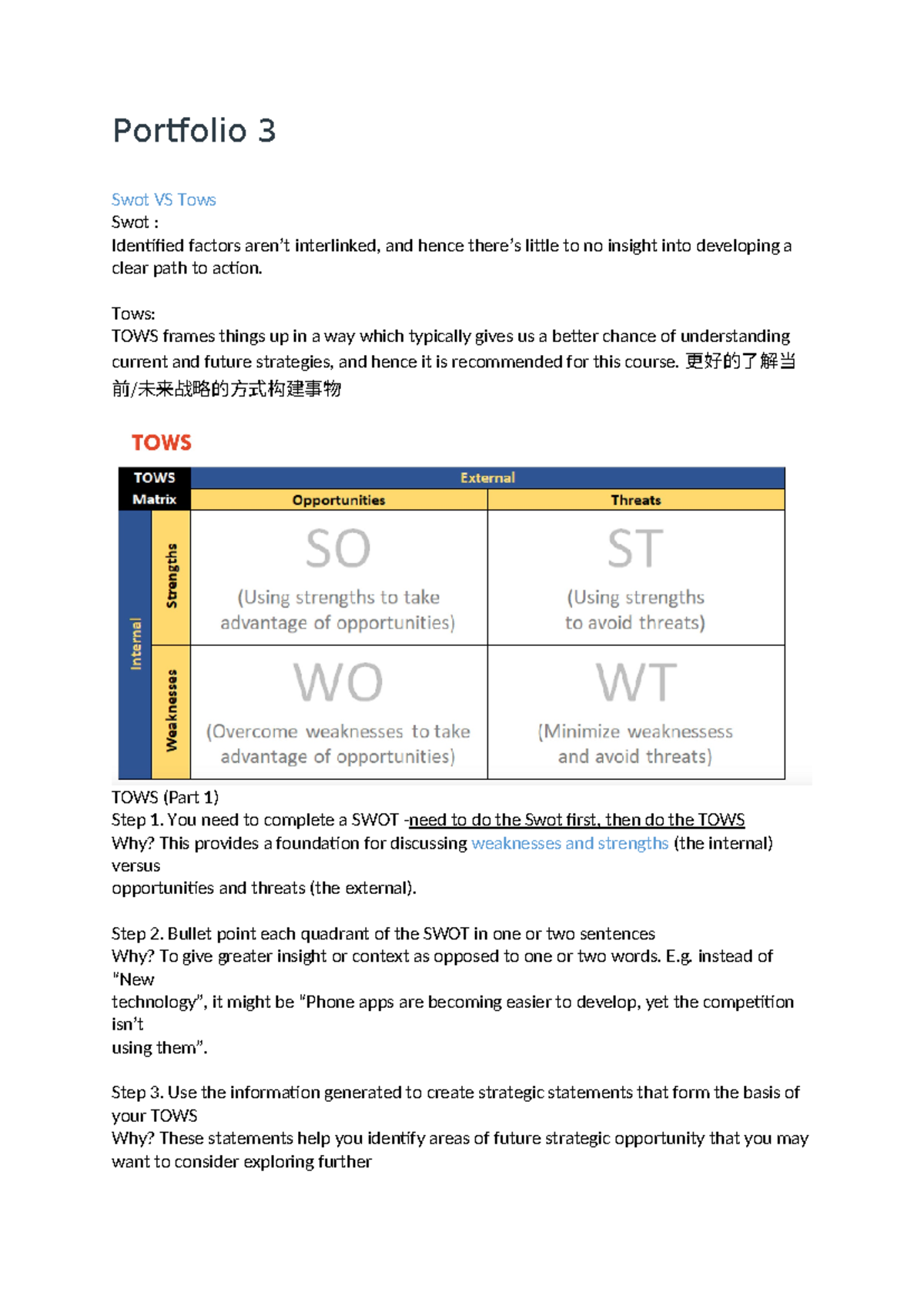 week 3 lec notes - Portfolio 3 Swot VS Tows Swot : Identified factors ...