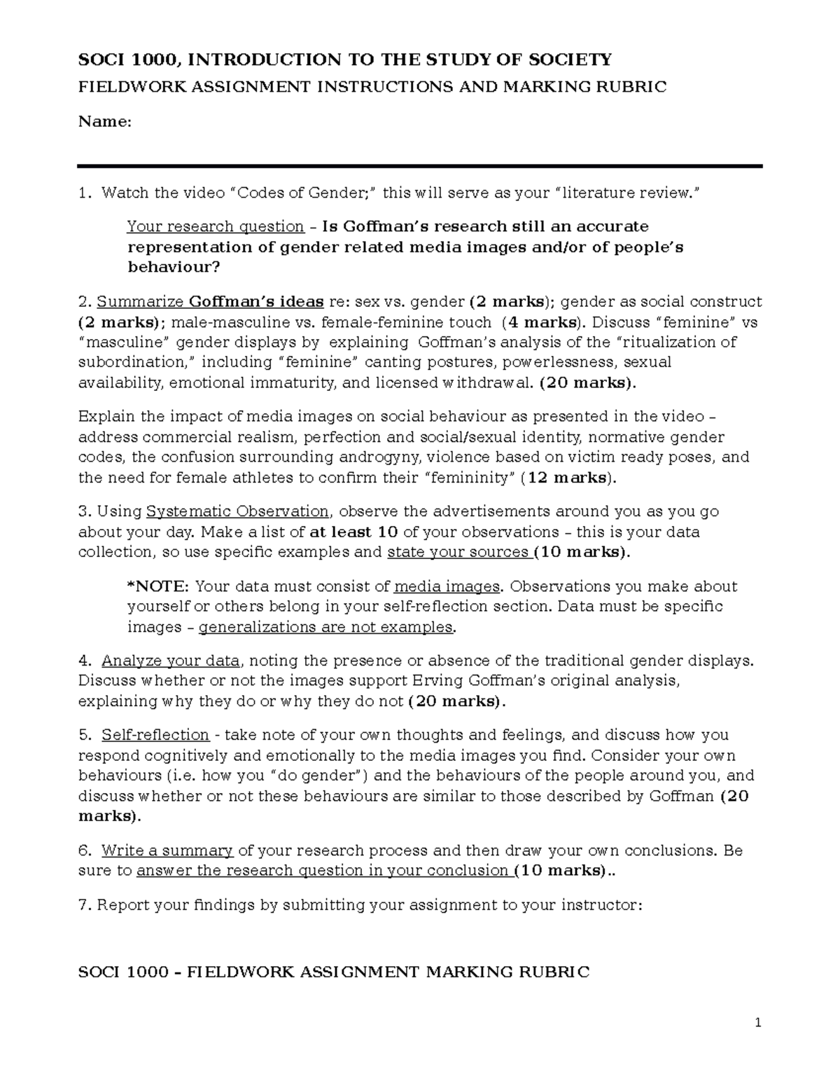 1. SOCI 1000 2022 Fieldwork Assignment Instructions - SOCI 1000 ...
