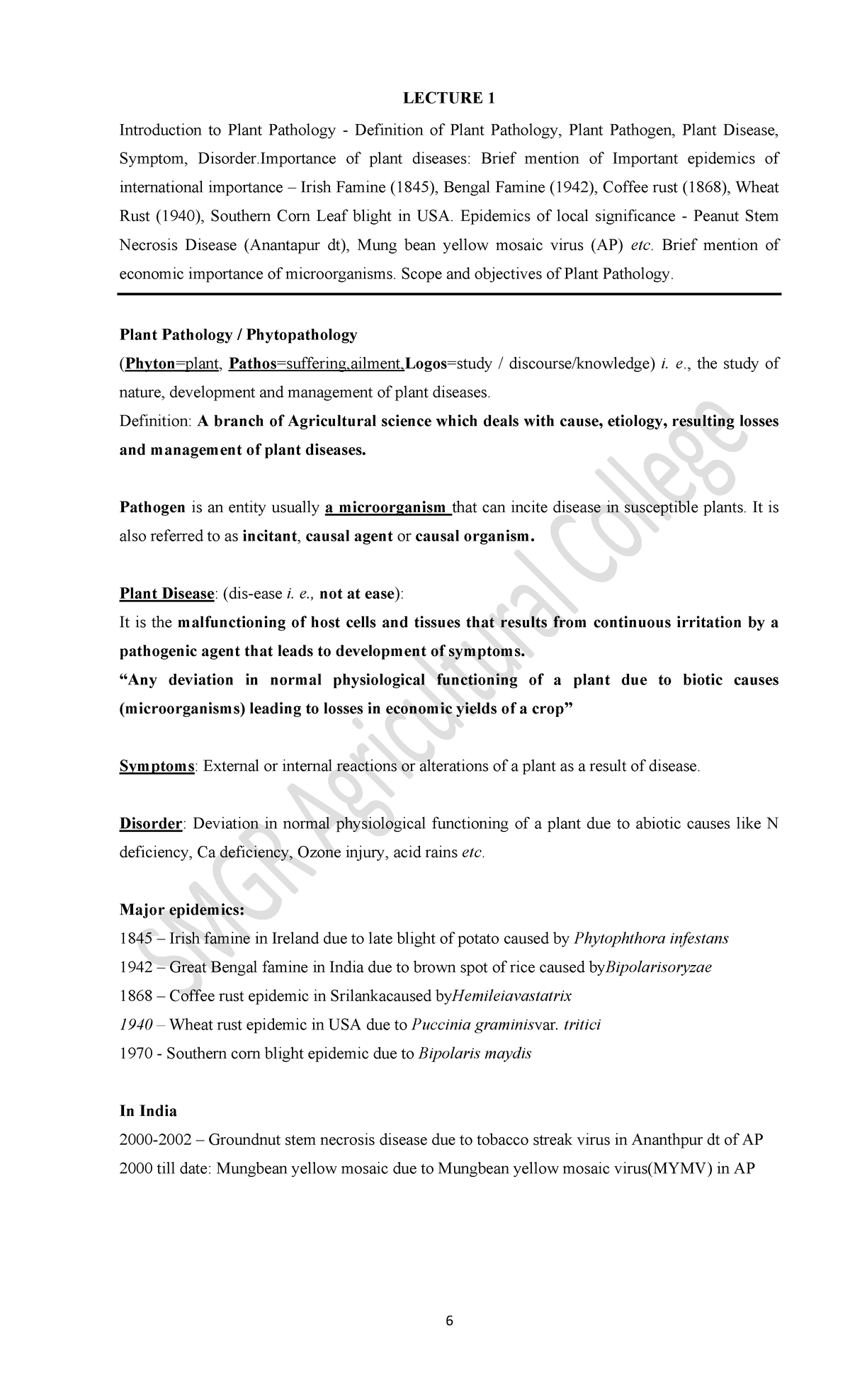 Fundamentals of Plant Pathology notes for Quiz - LECTURE 1 Introduction ...