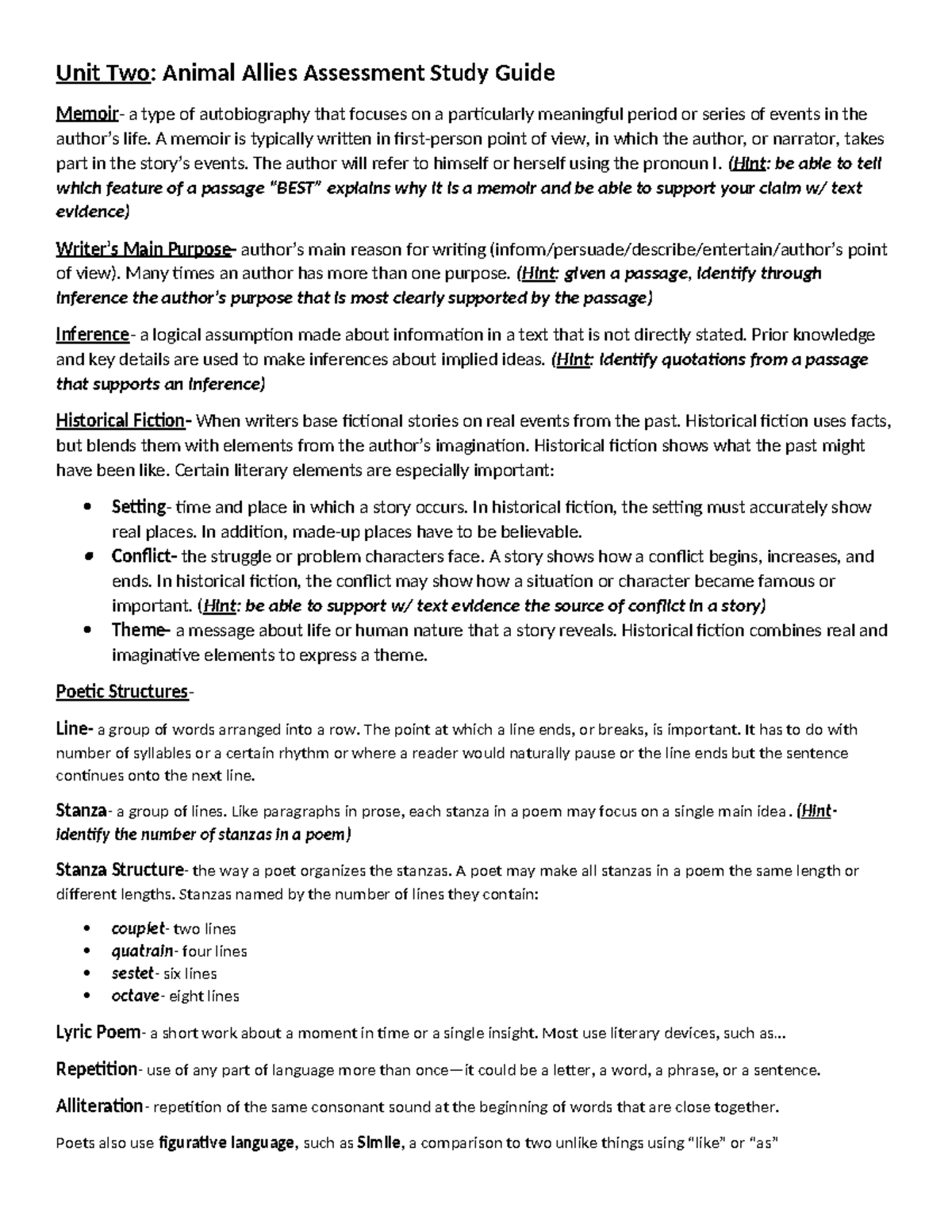 Osmain- Unit Two- Animal Allies Assessment Study Guide - Unit Two ...