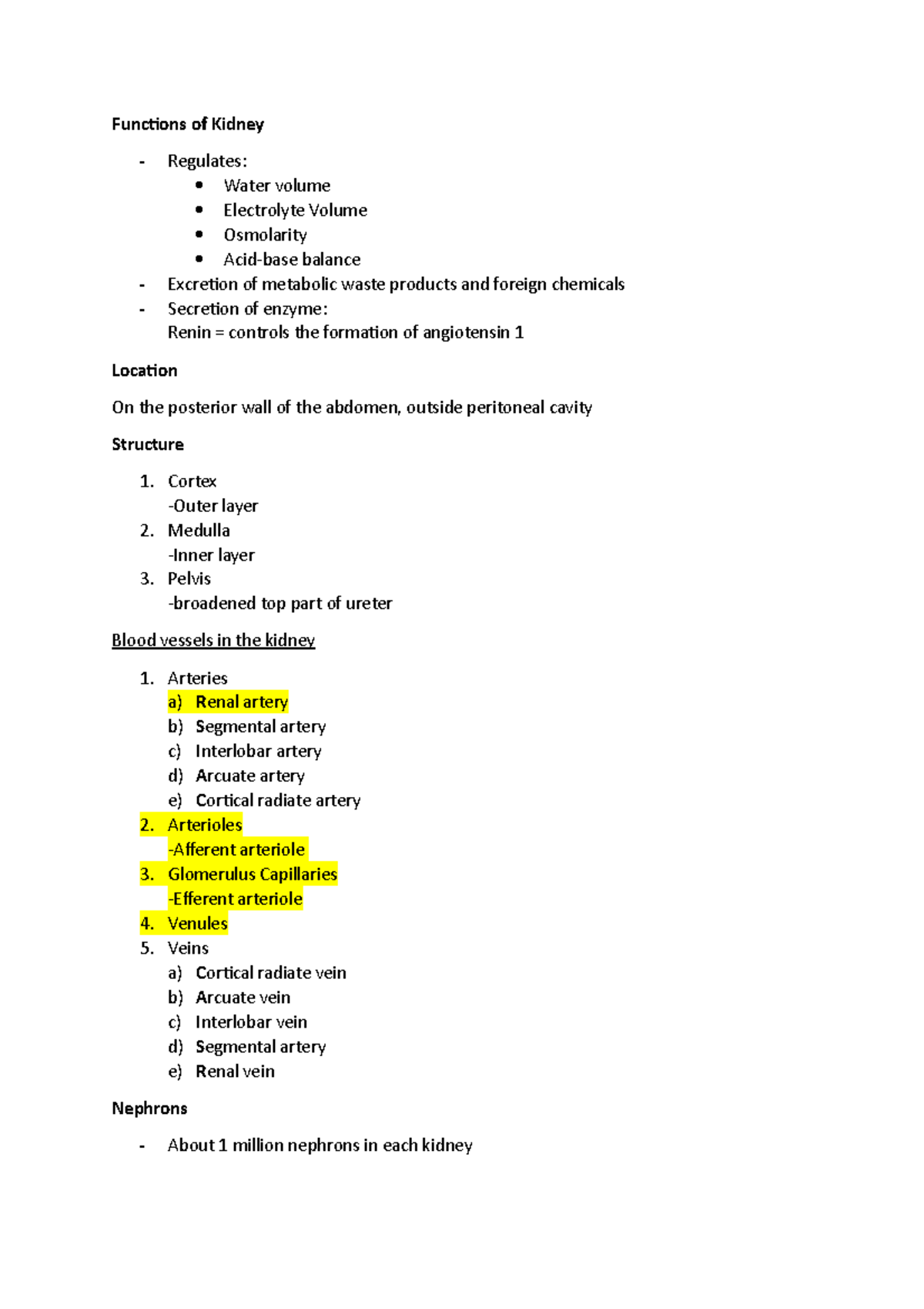 Renal System - notes - Functions of Kidney Regulates: Water volume ...