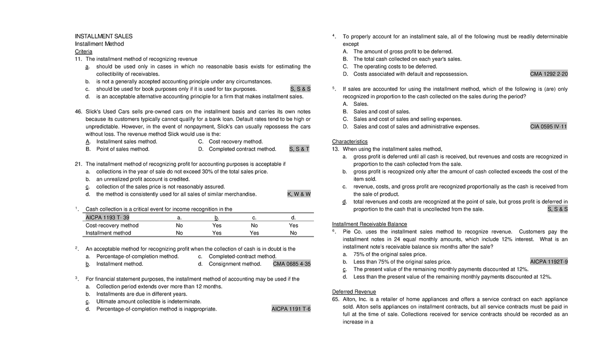 Installment receivable balance 6 - INSTALLMENT SALES Installment Method ...