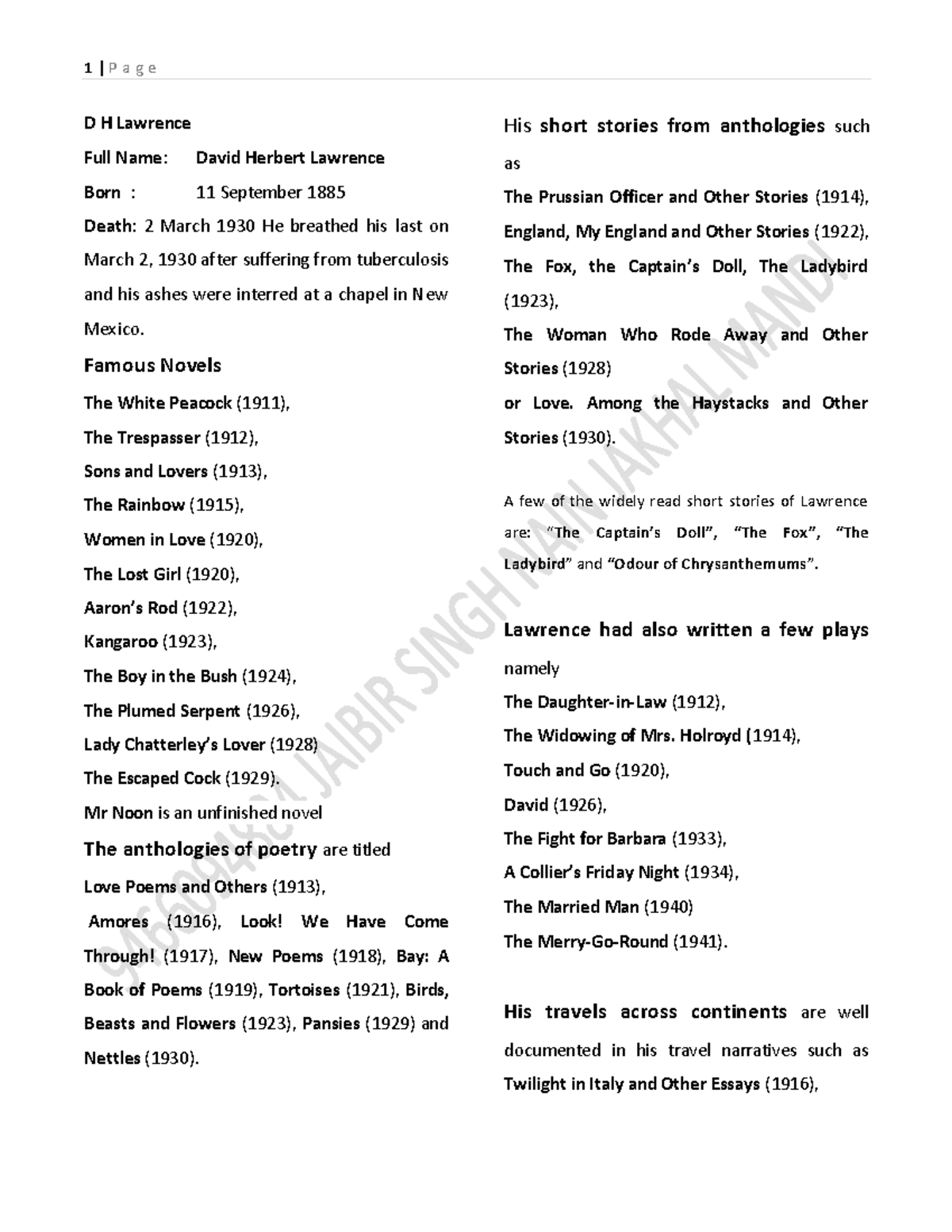 D H Lawrence - D H Lawrence Full Name: David Herbert Lawrence Born : 11 ...