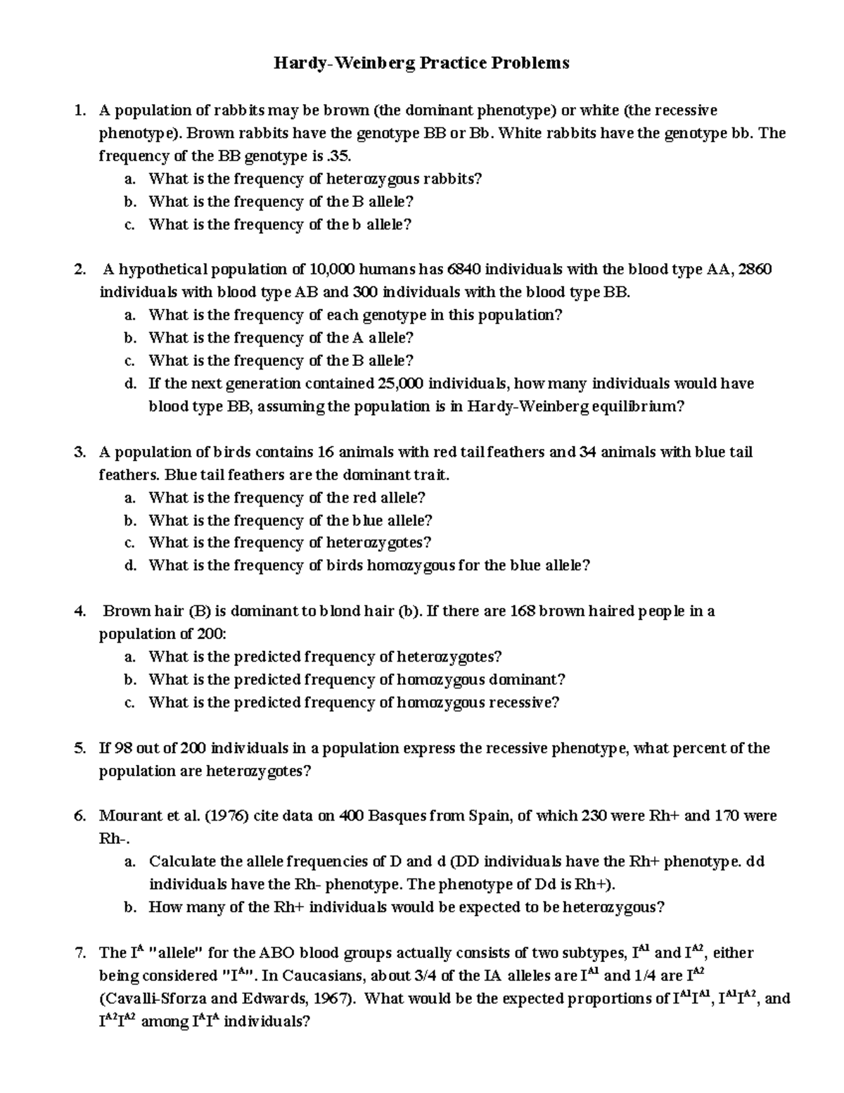 Hardy-Weinberg Practice Problems - Brown rabbits have the genotype BB ...