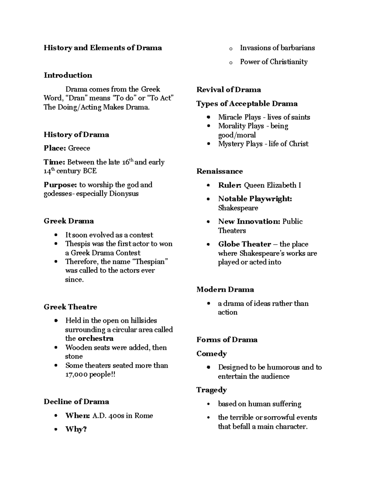 History and Elements of Drama Handout - History and Elements of Drama ...