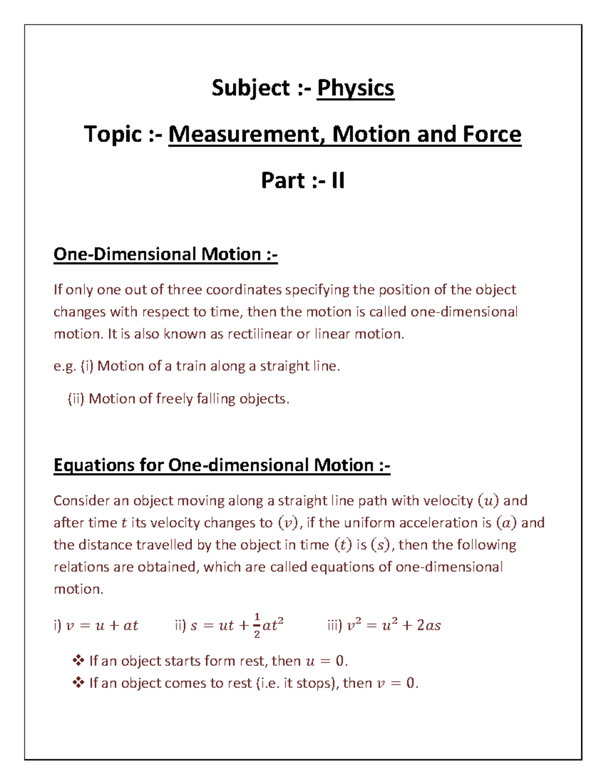 Measurement, motion and force part 2 class notes - Subject :- Physics ...