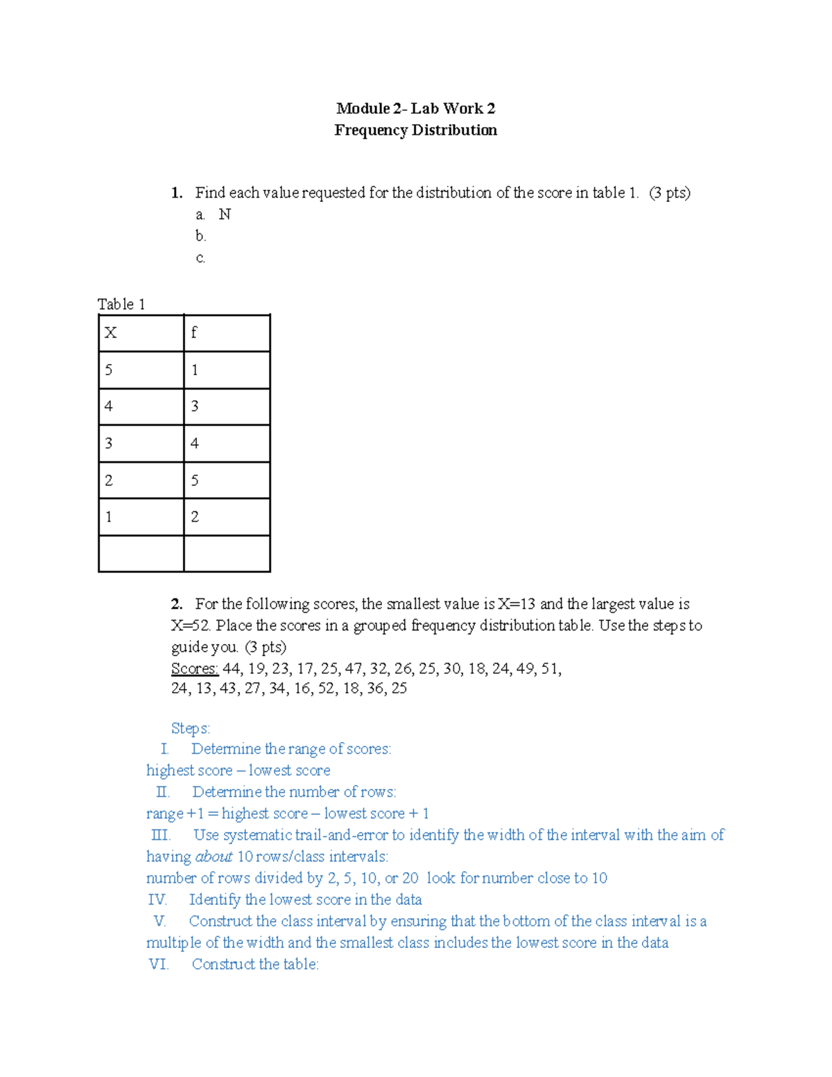 Module 2- Lab Work 2 Frequency Distribution - (3 pts) a. N b. c. Table 1 X f 5 1 4 3 3 4 2 5 1 2 ...